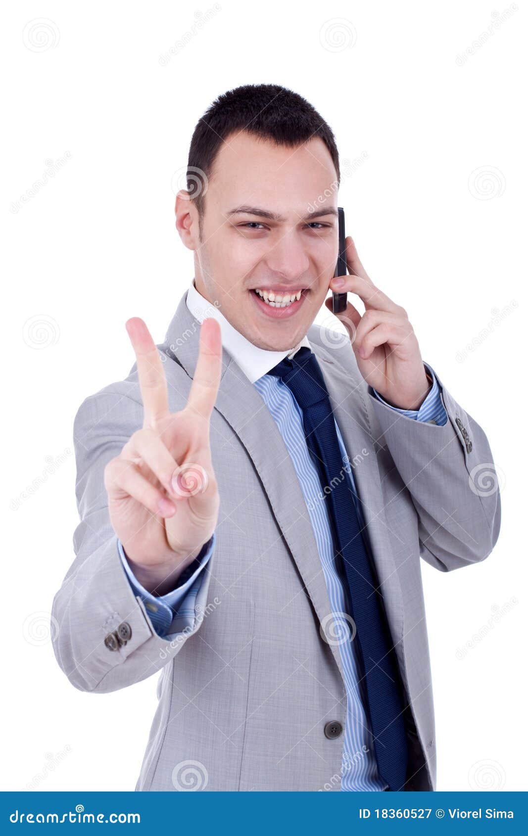Man Making Victory Sign on Phone Stock Image - Image of business, sign ...