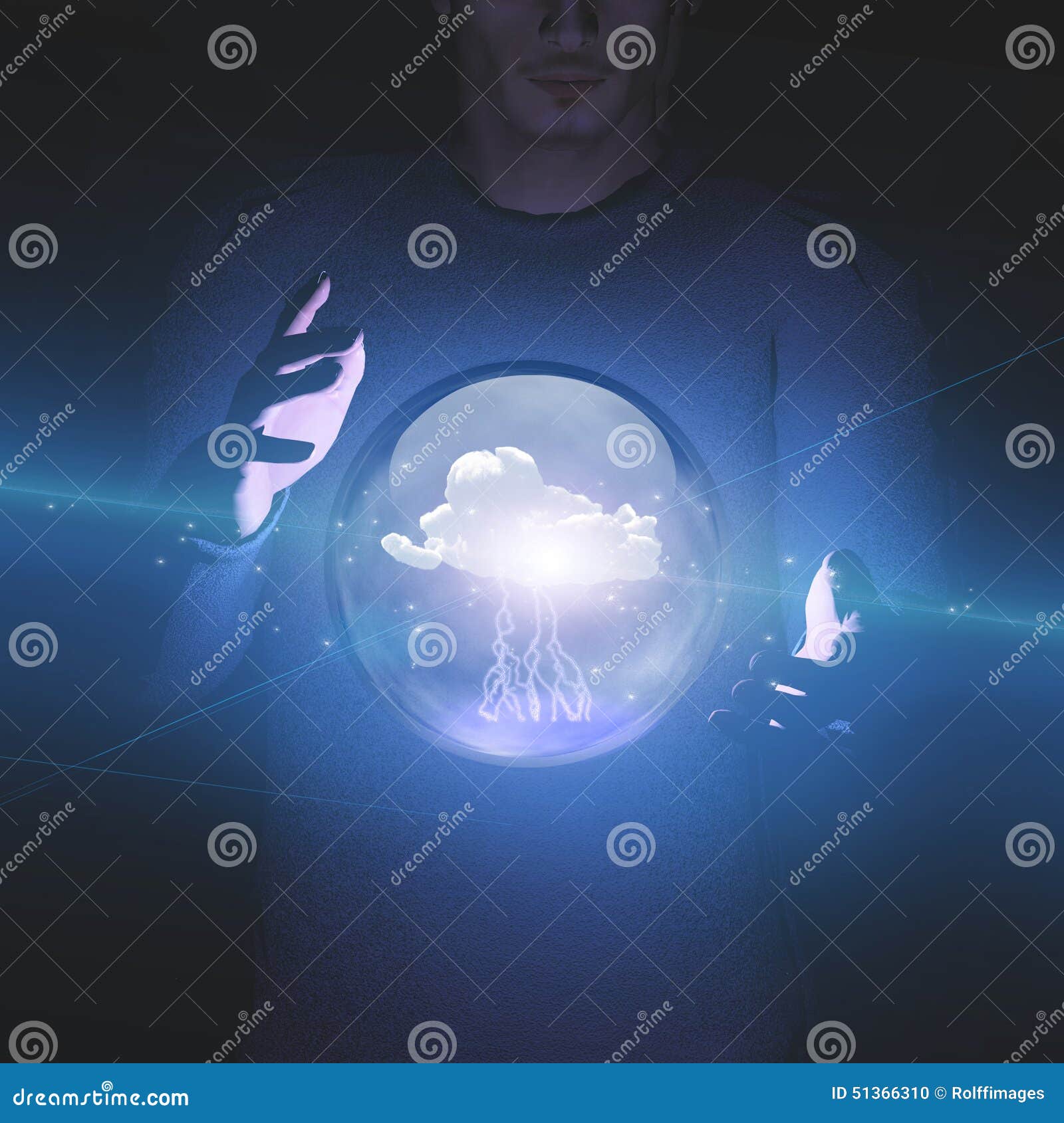 Man Manipulation of Sphere Cloud and Lightning Stock Illustration ...