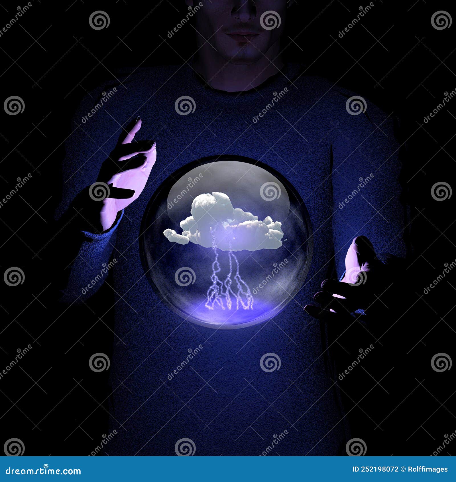Man Manipulation of Sphere Conmtaining Cloud and Lightning Stock ...