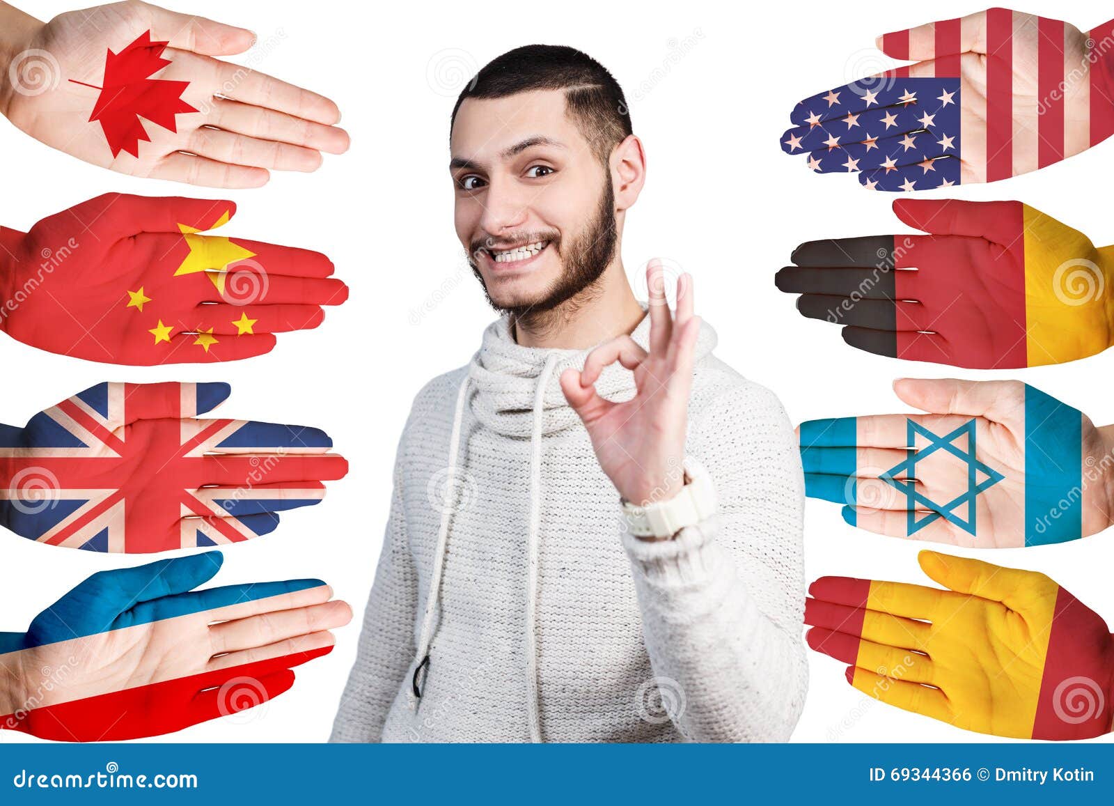 Man and Many Hands with Different Flags Stock Photo - Image of france ...
