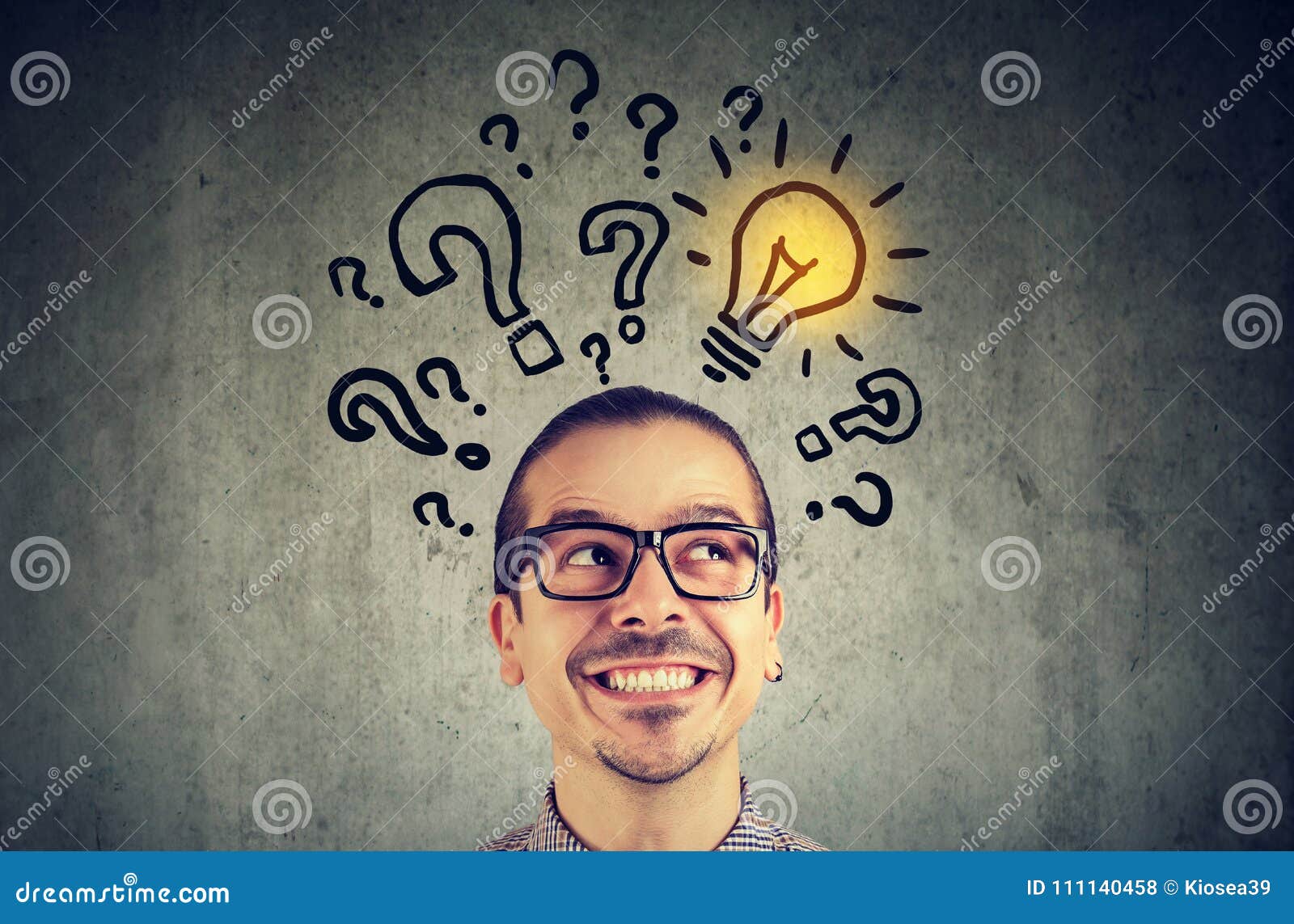Man with Many Questions and Solution Light Bulb Above Head Stock Photo ...