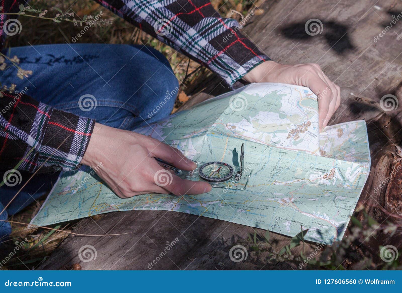 Man with map and compass stock photo. Image of forest - 127606560