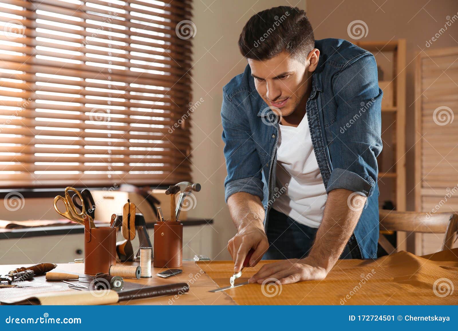 Man Marking Leather with Roller Stock Image - Image of handmade ...