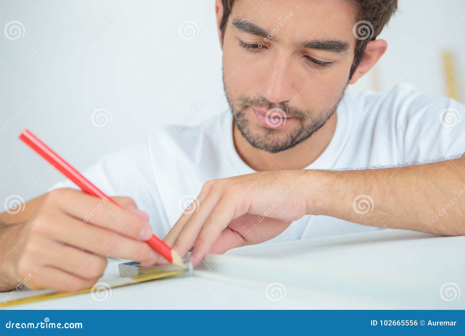Man Marking Object Using Pencil Stock Photo - Image of worker, hobby ...