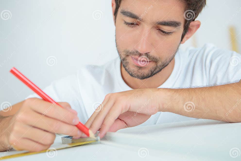 Man Marking Object Using Pencil Stock Photo - Image of worker, hobby ...