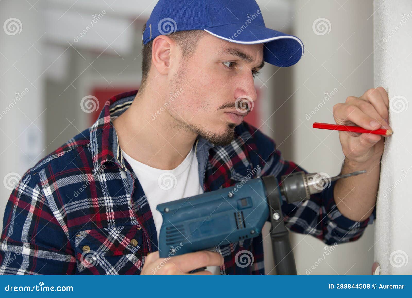 Man Marking Position To Drill Wall Stock Photo - Image of power, wall ...