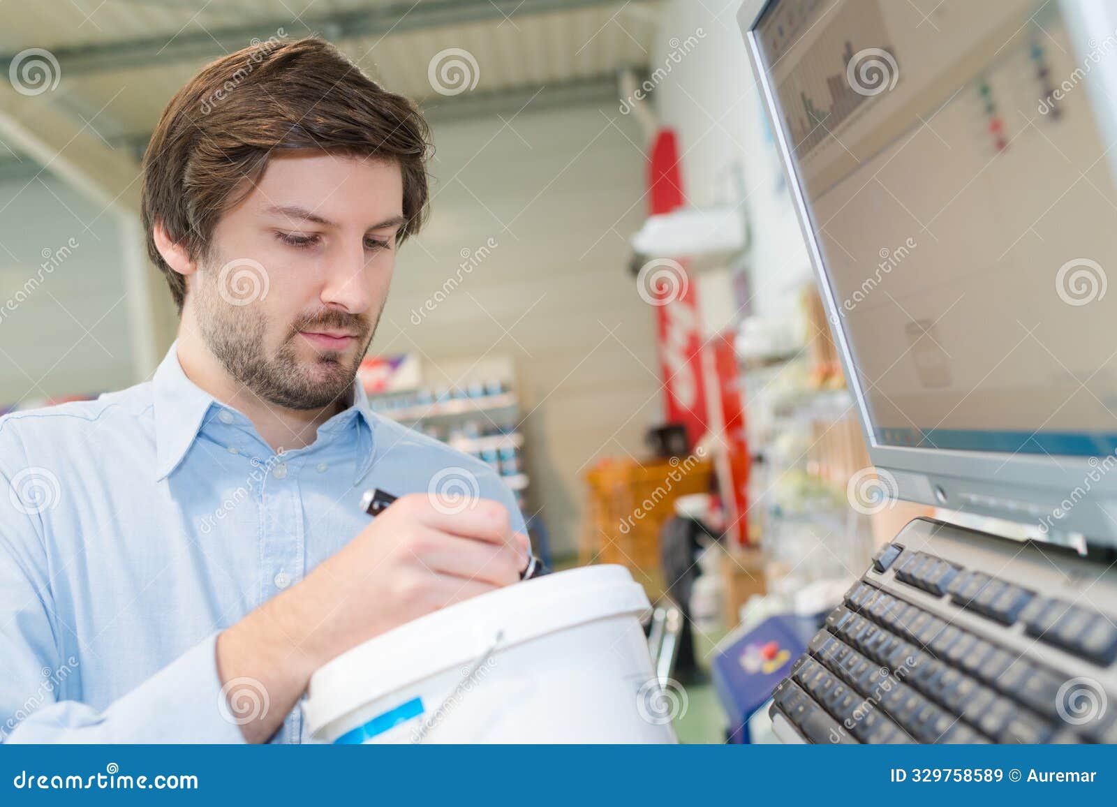 Man Marking Reference on Plastic Container Stock Image - Image of ...