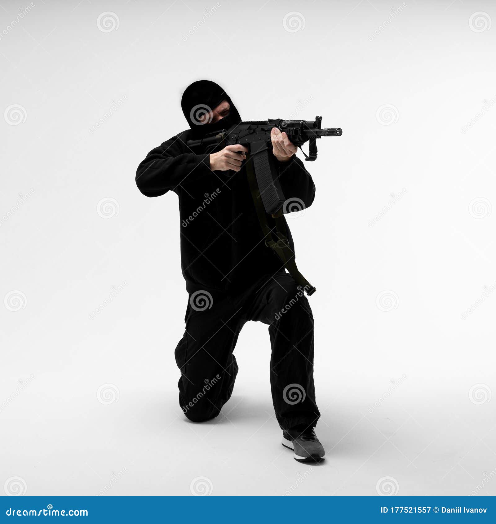 Man in Mask with Gun on White Background Stock Image - Image of ...