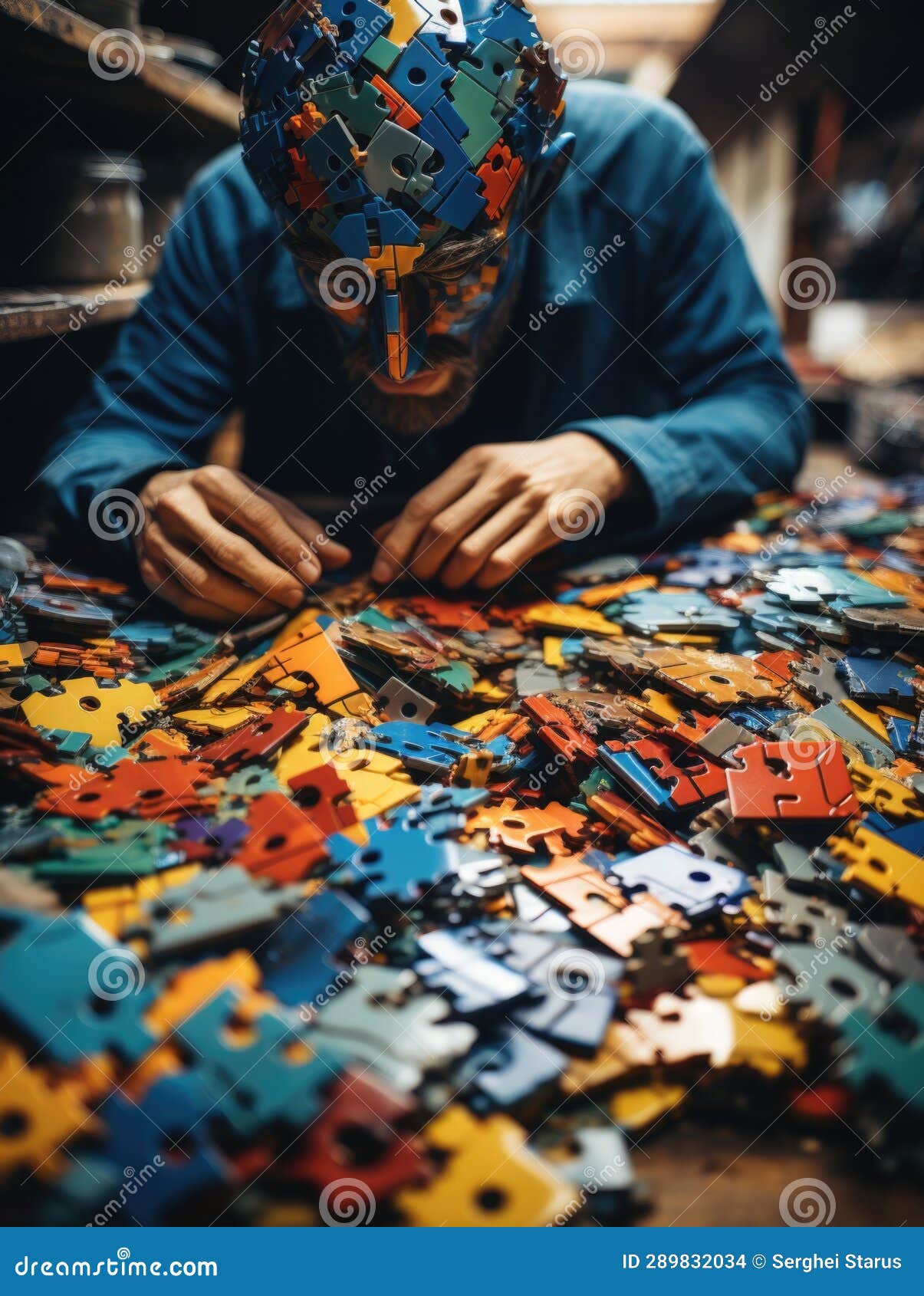 A Man with a Puzzled Head is Working on a Puzzle, AI Stock Illustration ...