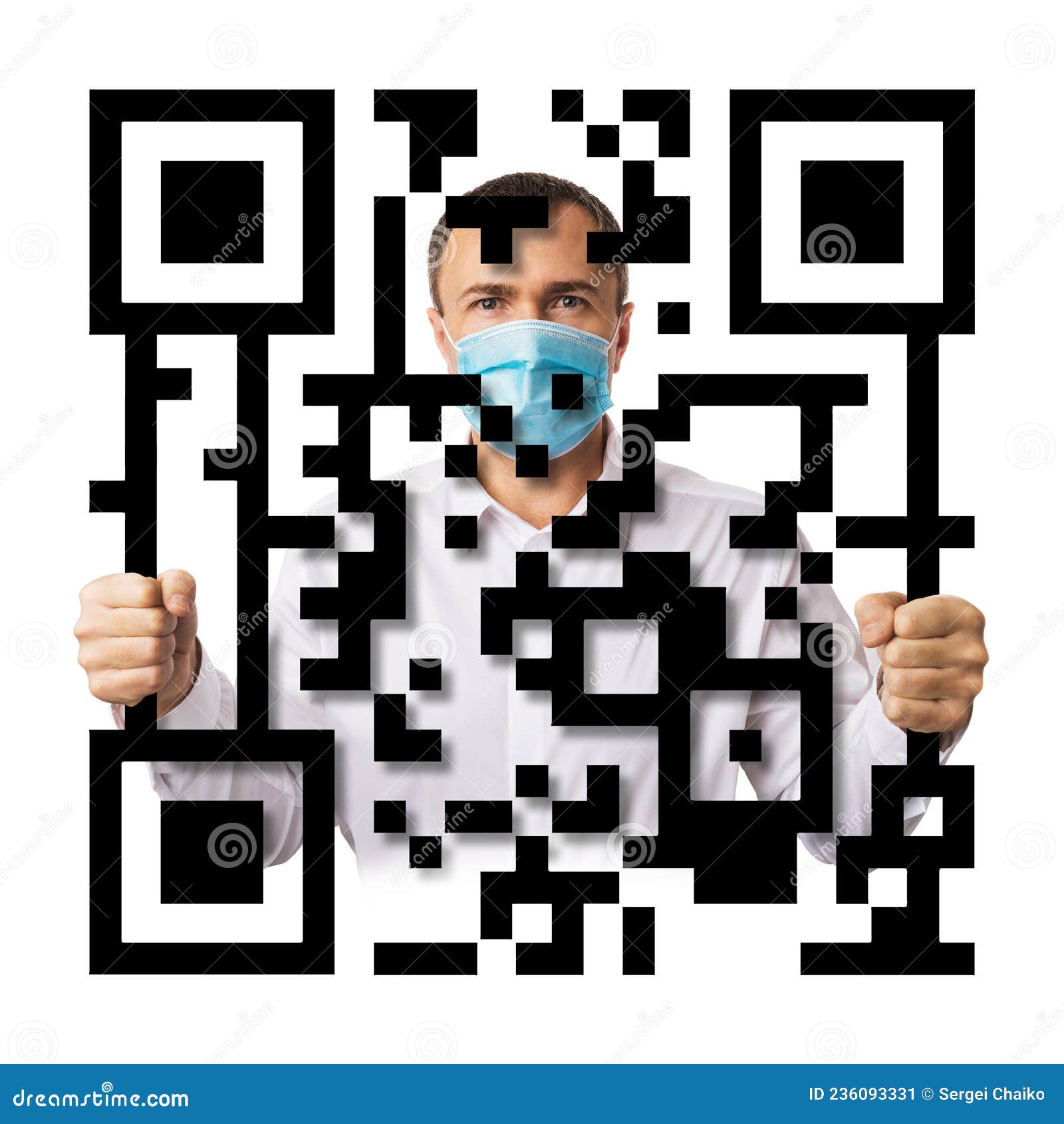 A Man in a Mask Holds on To the Bars Made of QR-code, Isolated on a ...