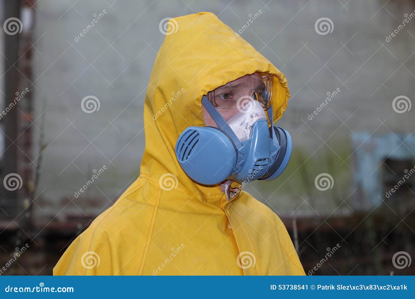 Man with Mask and Protective Clothes Explores Danger Area R Stock Image ...