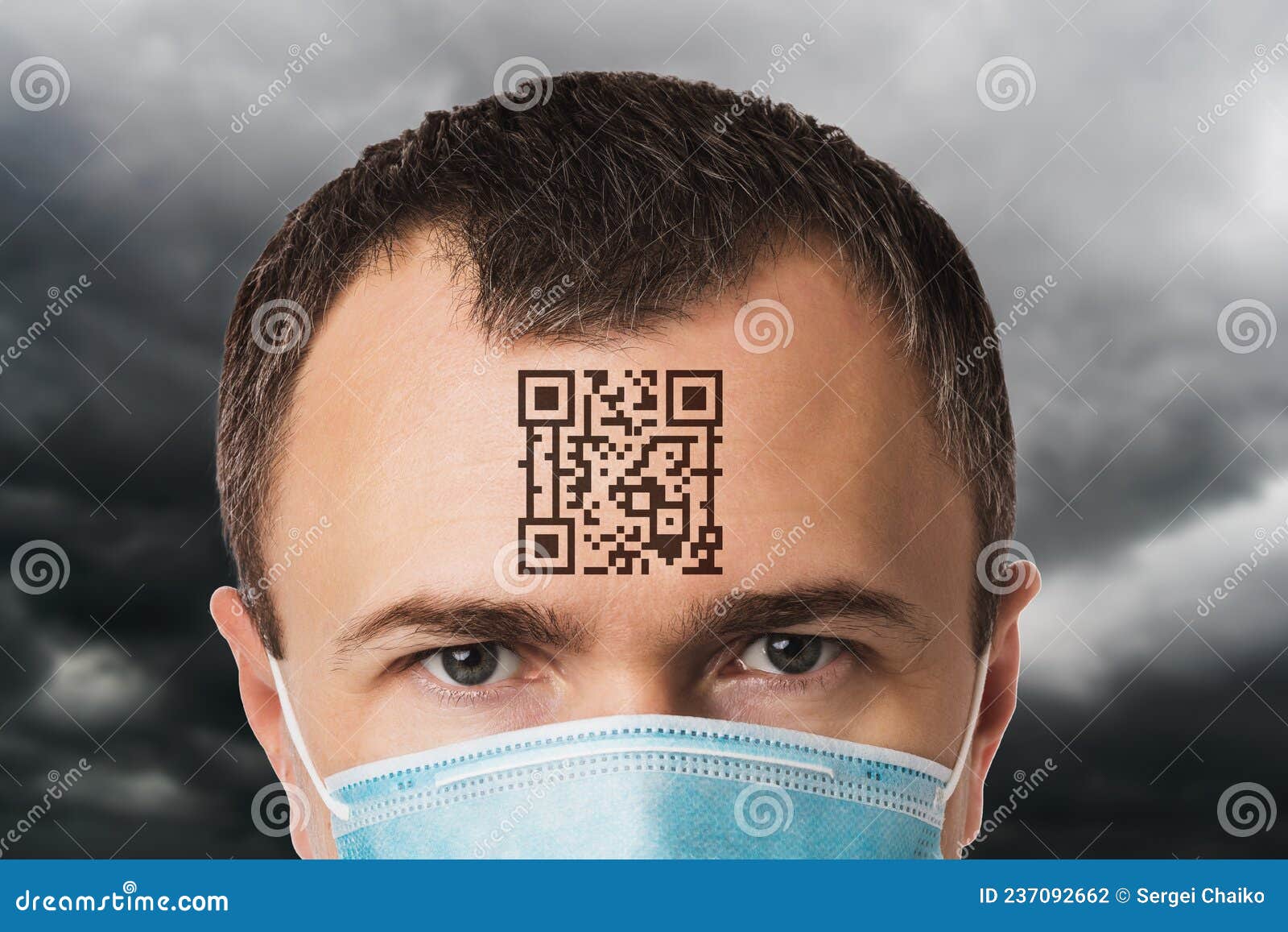 A Man in a Mask with a QR Code on His Forehead, Against the Background ...