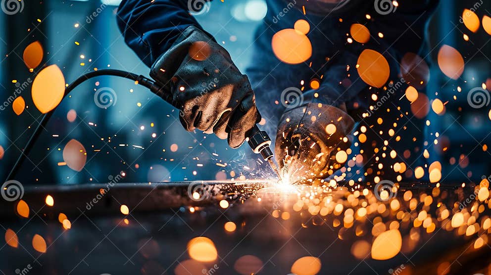 A Man in a Mask Works with a Welding Machine. Selective Focus Stock ...