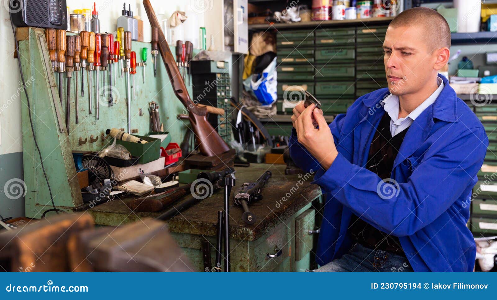 Man Measures Rifle Detail with Caliper Stock Photo - Image of swedish ...