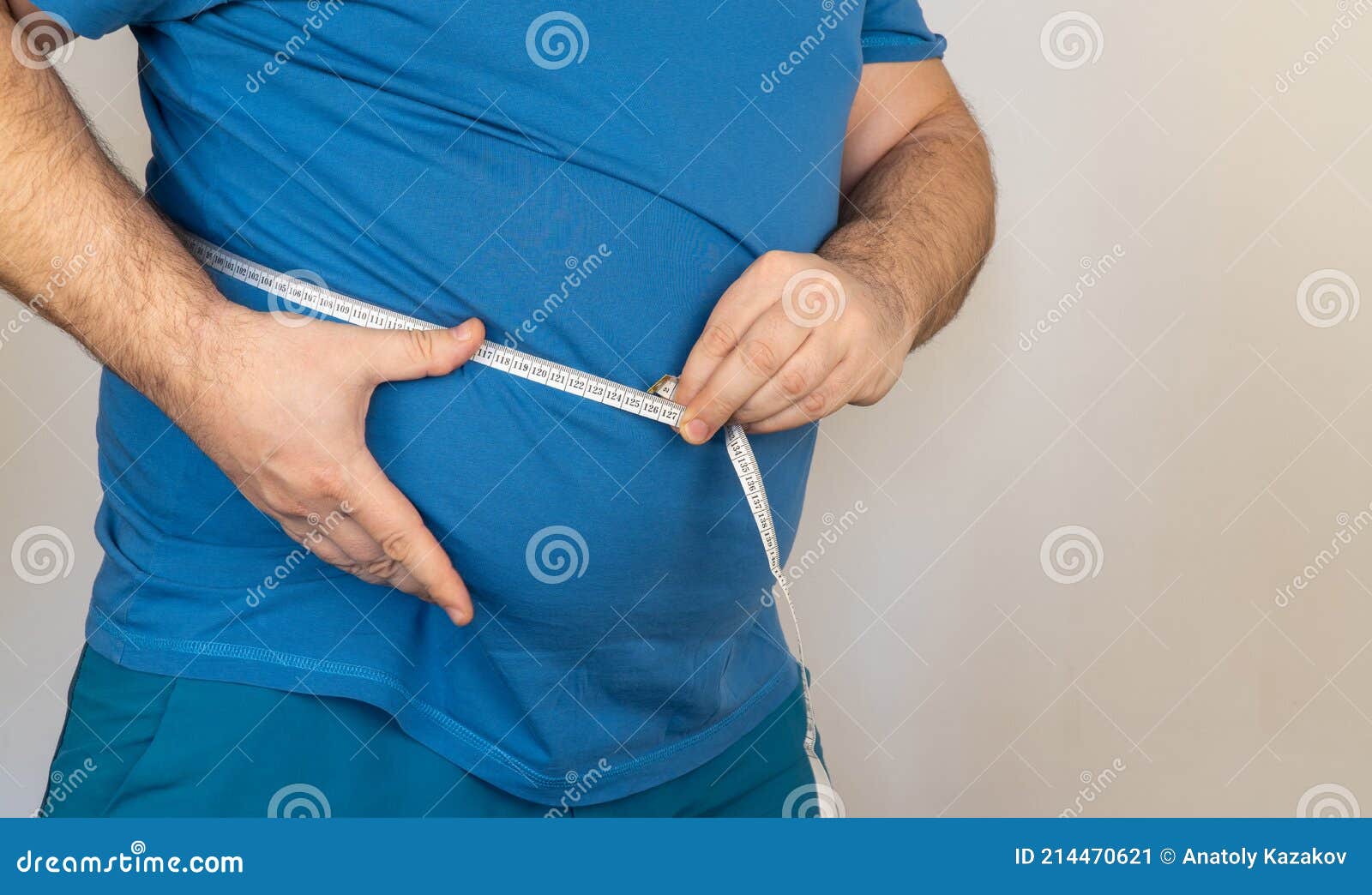 Man Measures the Size of the Abdomen with a Centimeter Measuring Tape ...