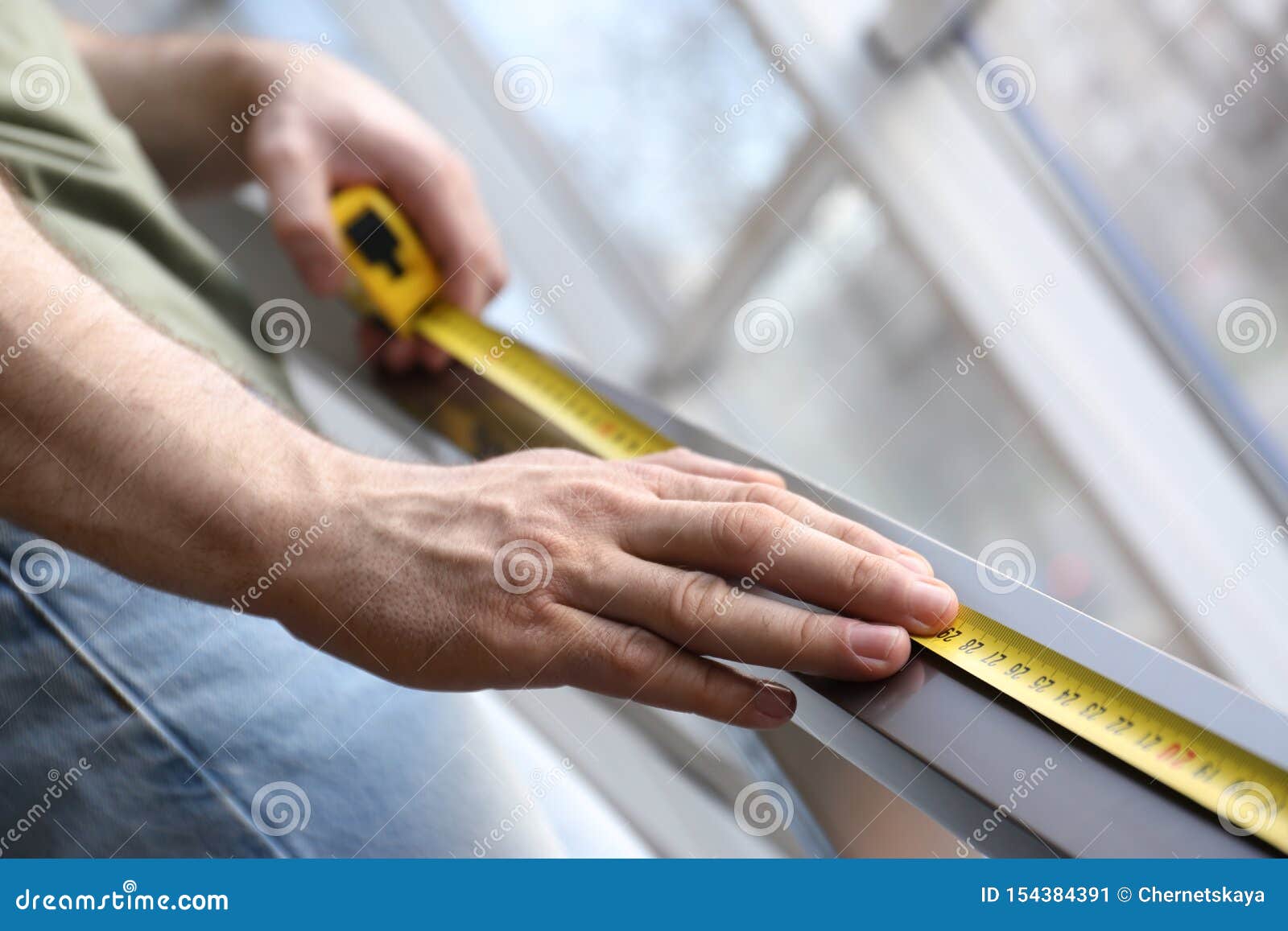 Man Measuring Metal Railing. Construction Tool Stock Image - Image of ...