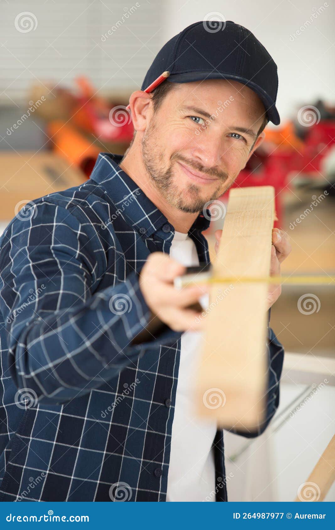 Man Measuring Plank Wood Using Metal Ruler Stock Image - Image of ...