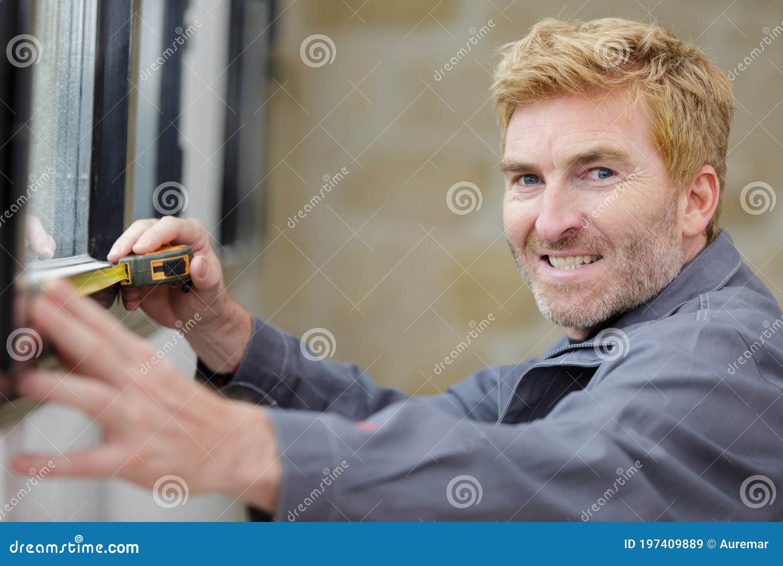 Man measuring window stock image. Image of installation - 197409889