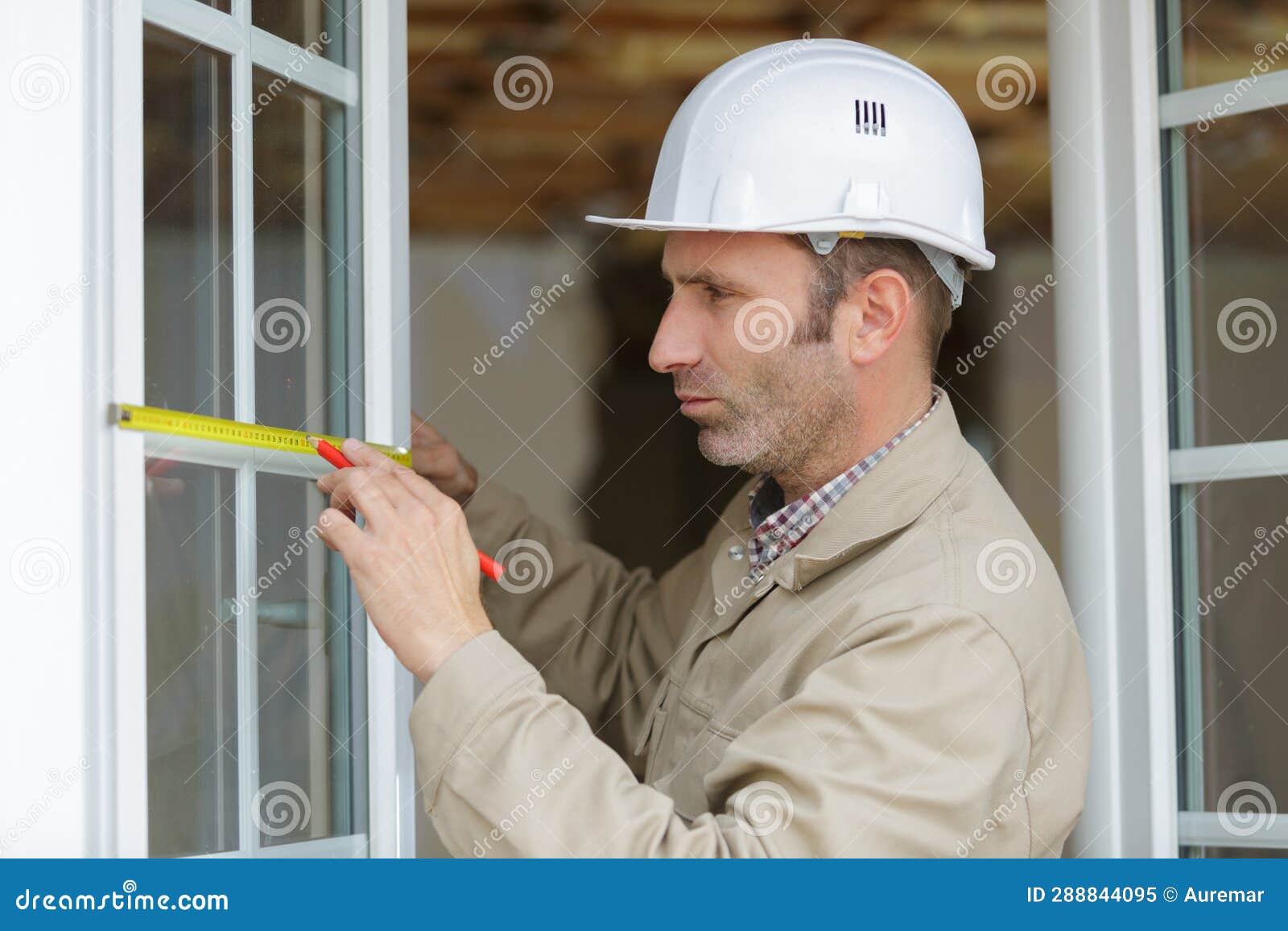 Man Measuring Window Outdoors Stock Image - Image of shutter, working ...