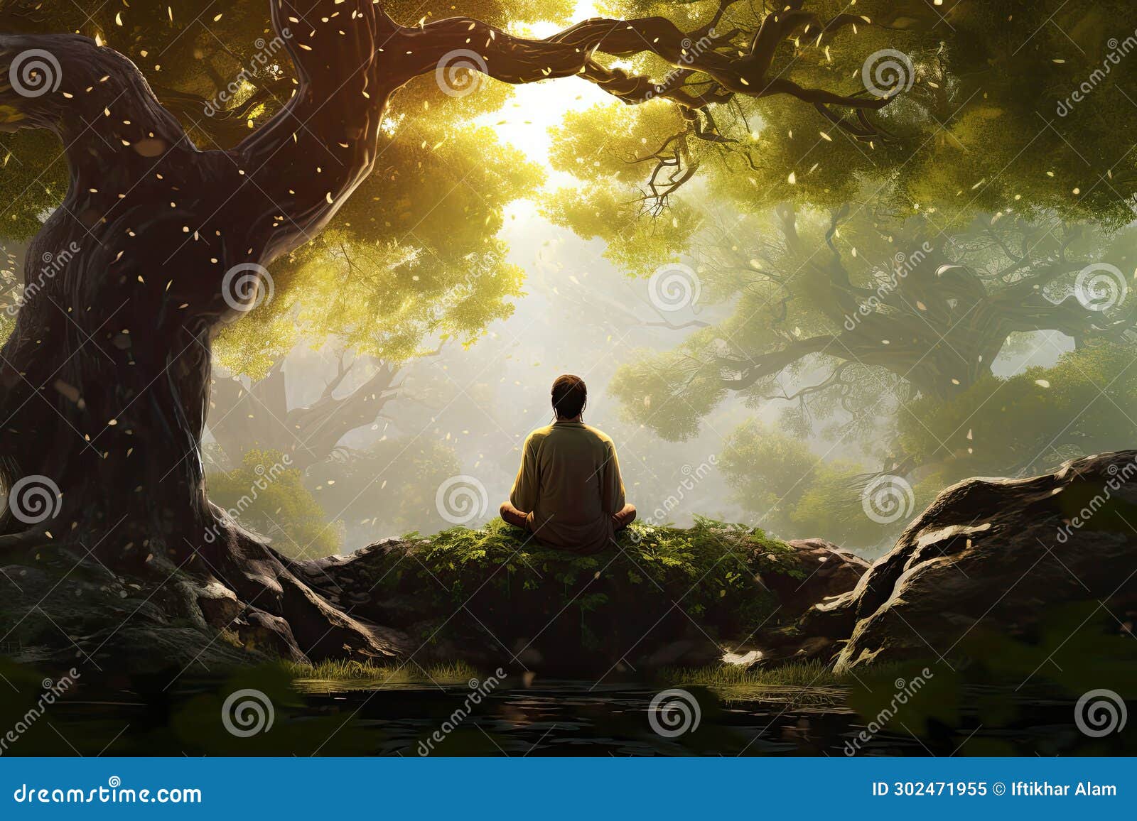 Man Meditating in the Forest by the Lake. 3d Render, AI Generated Stock ...