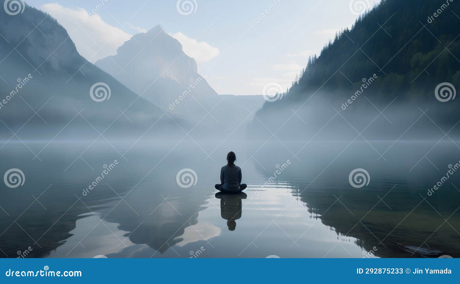 Man Meditating on a Mountain Lake in the Morning Mist, Reflection in ...