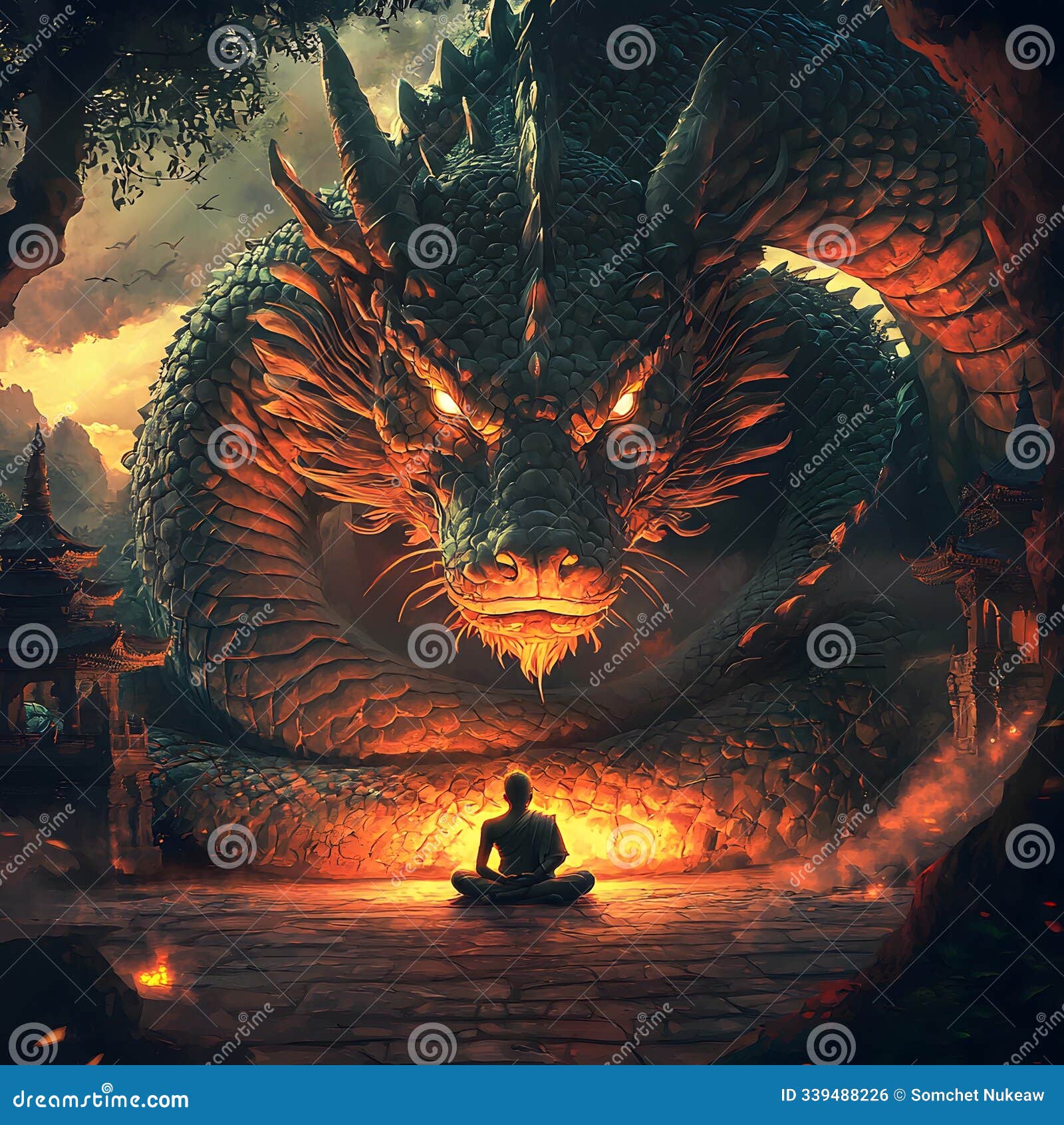 Red Dragon Meditating And Practicing Vrikshasana. Animal Doing Yoga ...