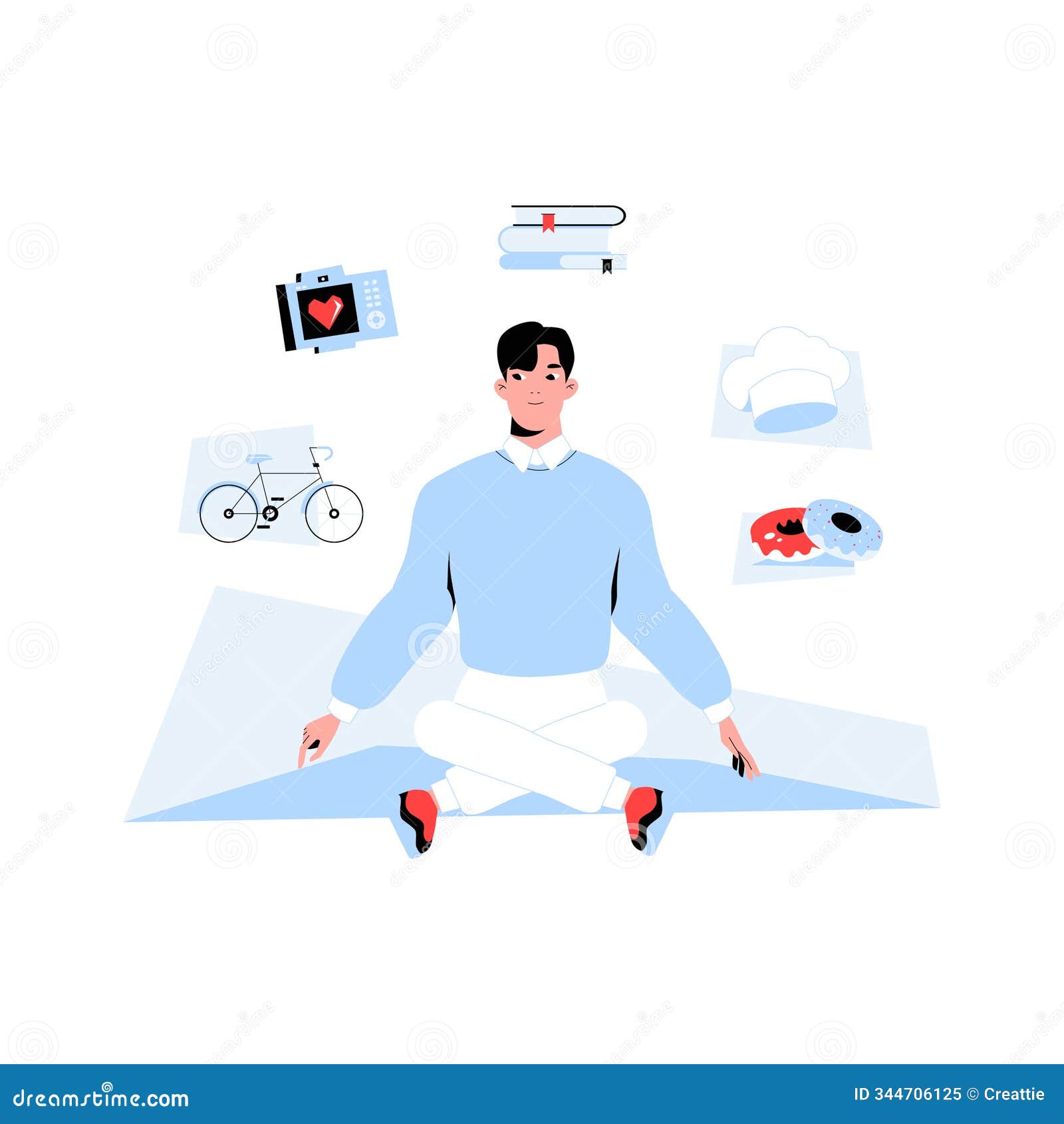 Man Meditating with Various Objects Around Symbolizing Hobbies and ...