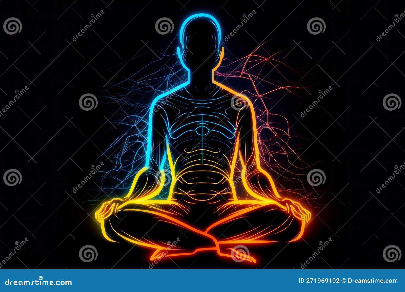 A Man in a Meditation Pose, Multi-colored Neon Lines on a Dark ...