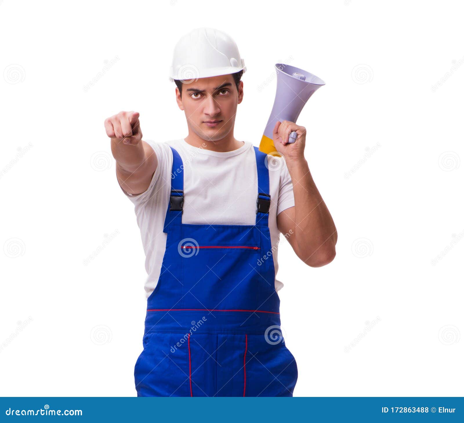 Man with Megaphone Isolated on White Stock Photo - Image of mechanic ...