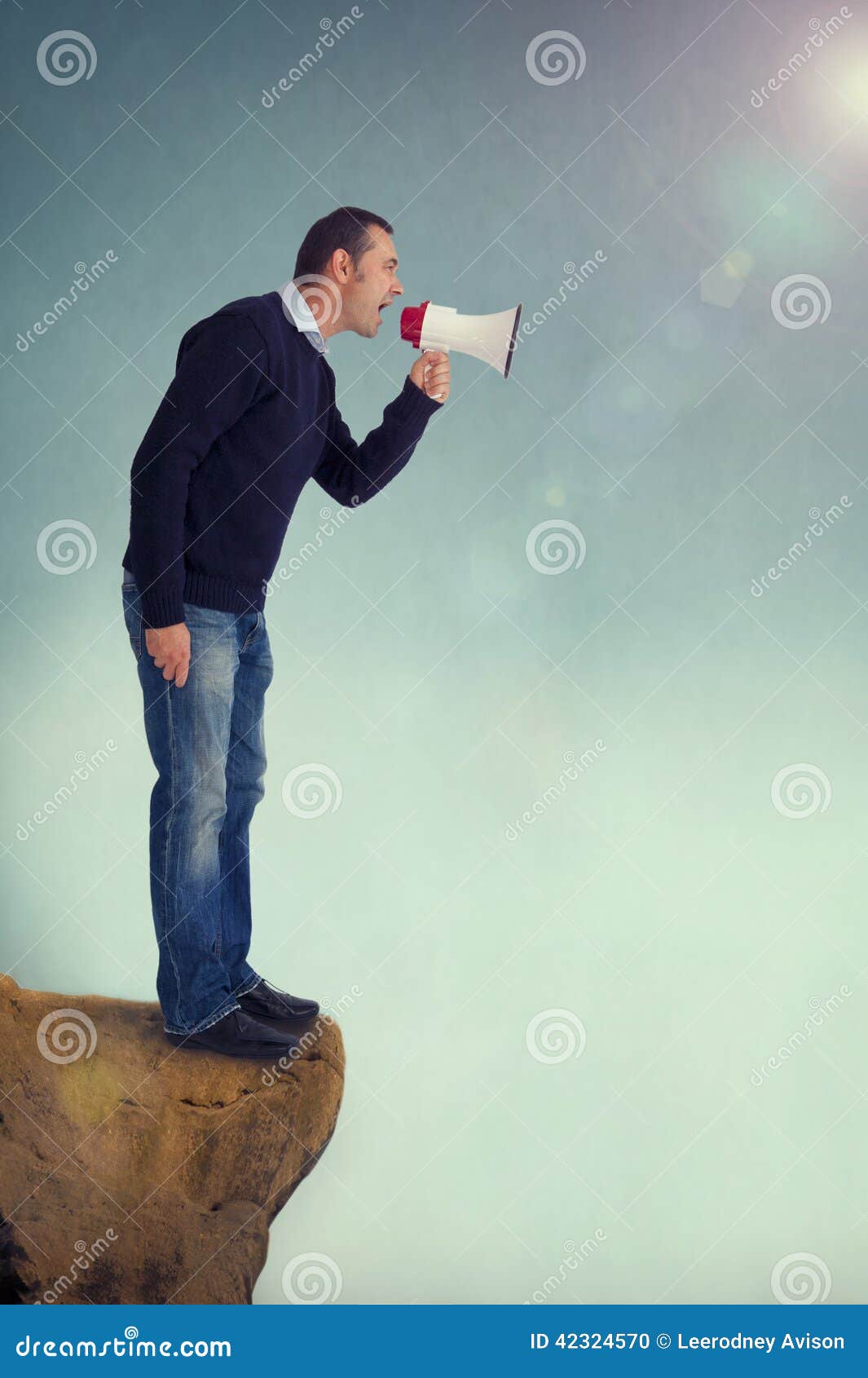 Man with Megaphone Shouting from Cliff Edge Stock Photo - Image of ...