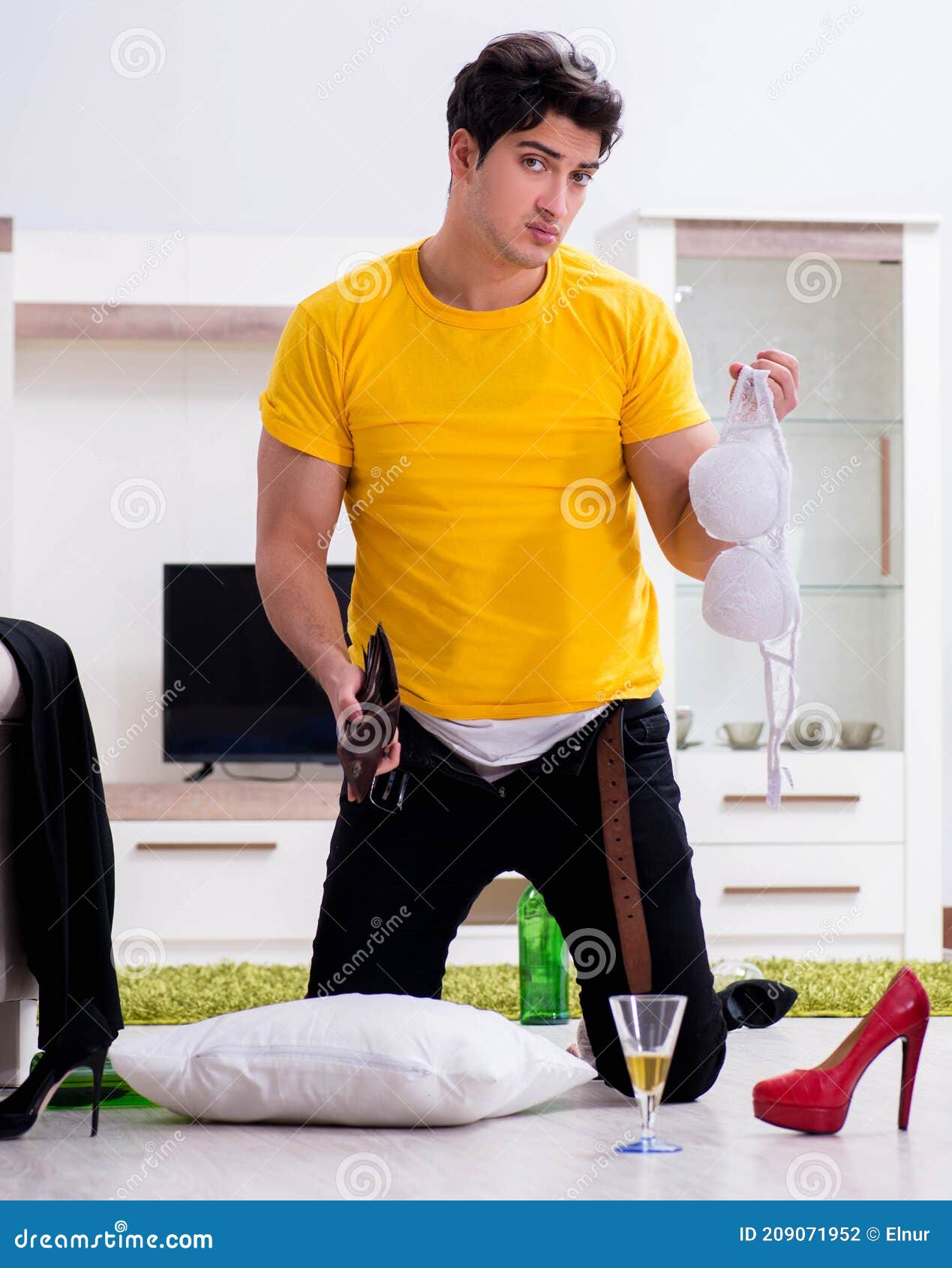 Man with Mess at Home after House Party Stock Photo - Image of money ...