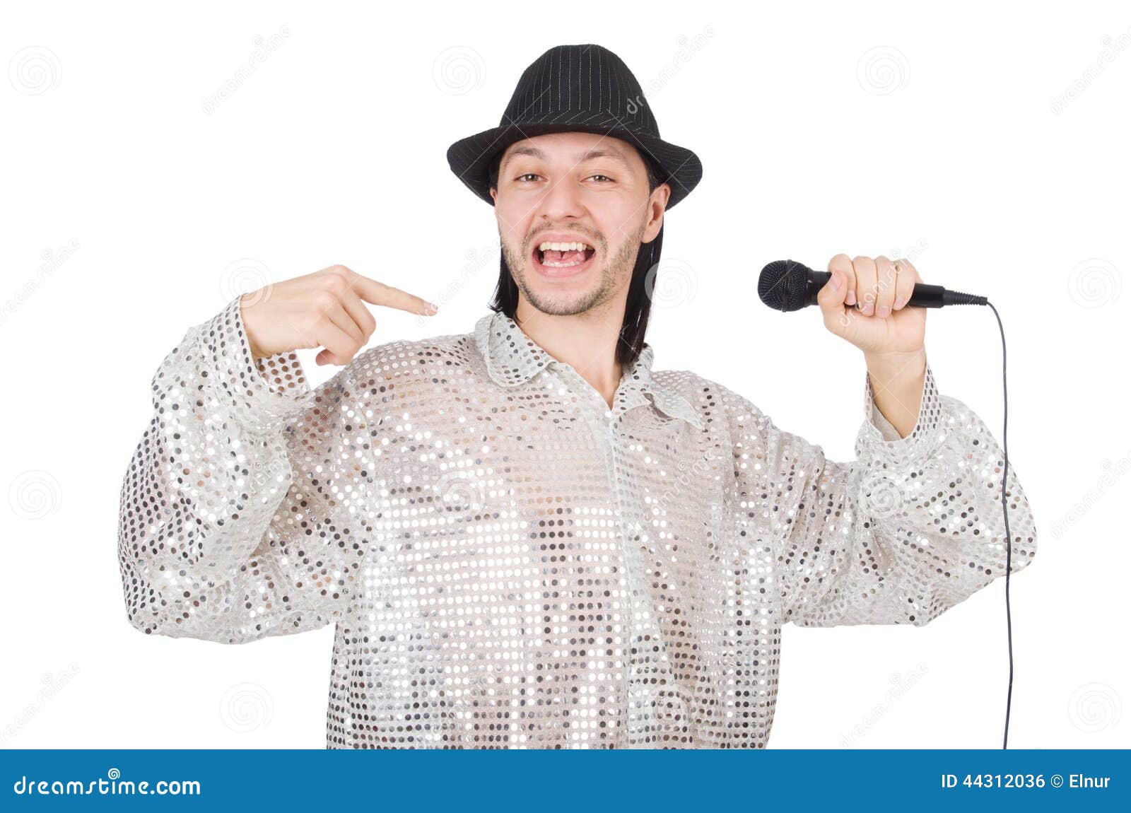 Man with mic isolated stock photo. Image of musical, curly - 44312036