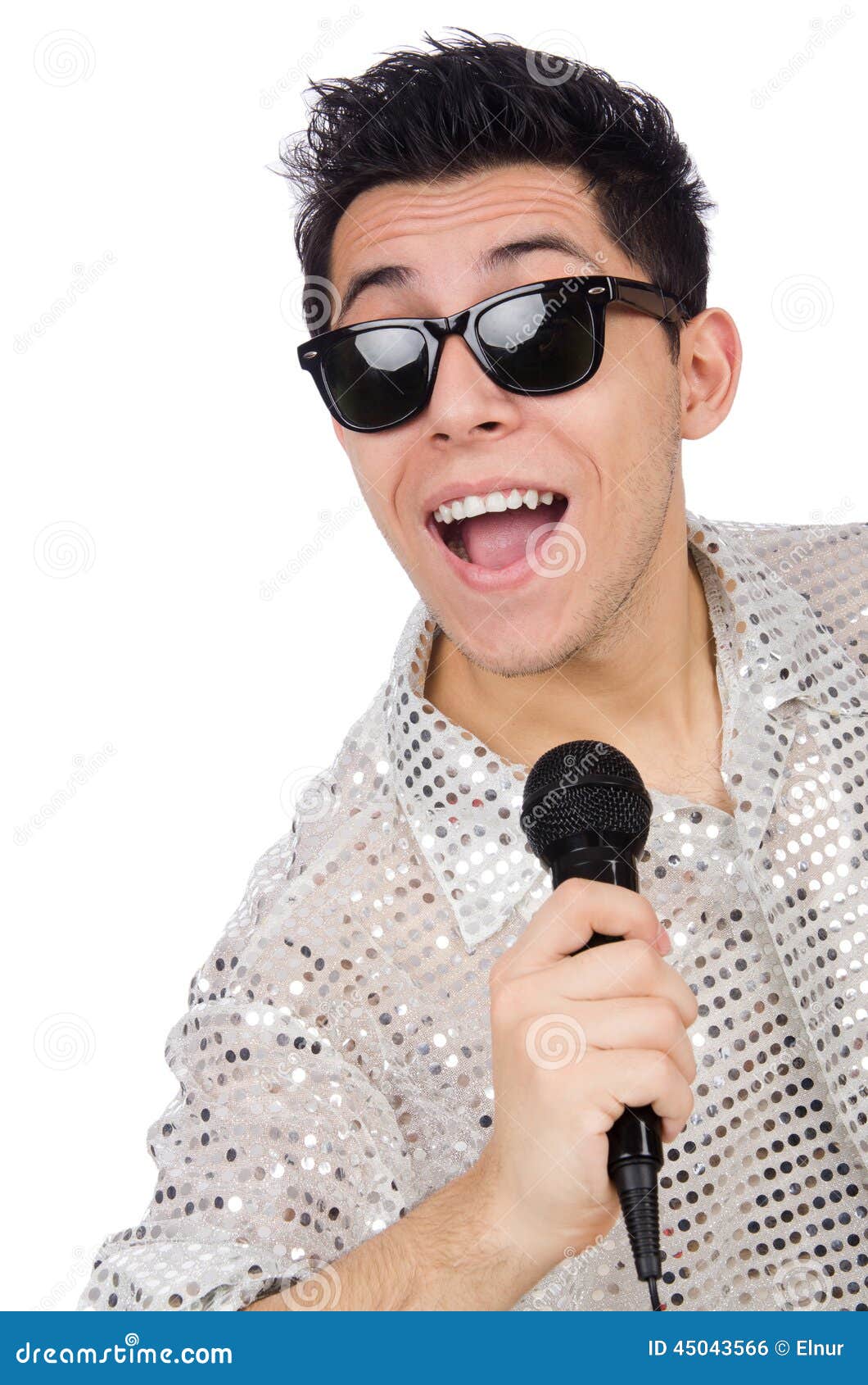 Man with mic isolated stock photo. Image of black, hair - 45043566