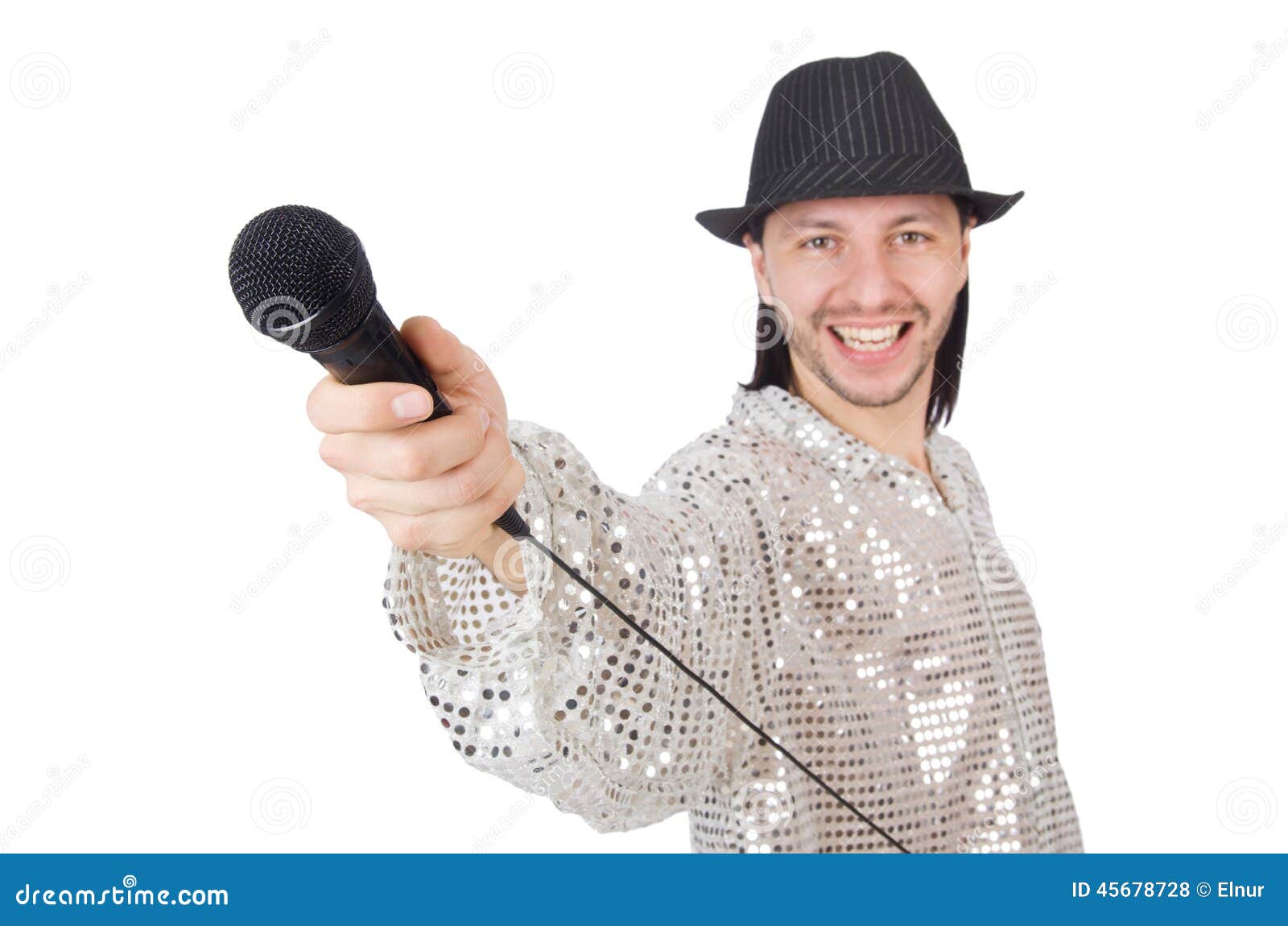Man with mic isolated stock photo. Image of curly, disco - 45678728