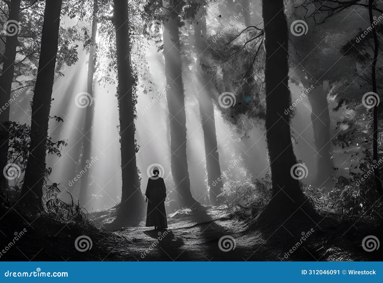 A Man in the Middle of a Forest at Night Standing by Trees Stock ...