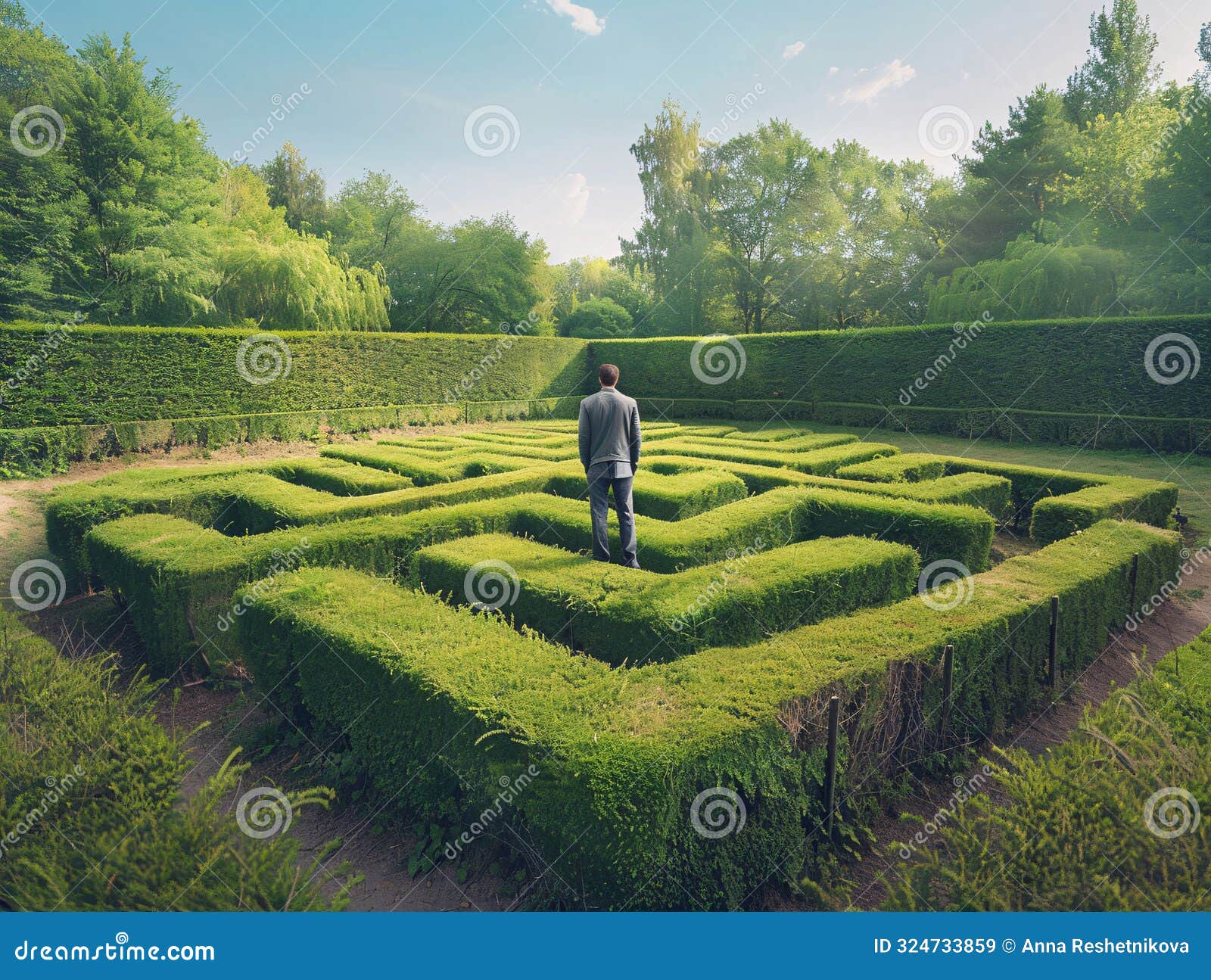 A Man in the Middle of a Green Maze. Artificial Intelligence. Stock ...