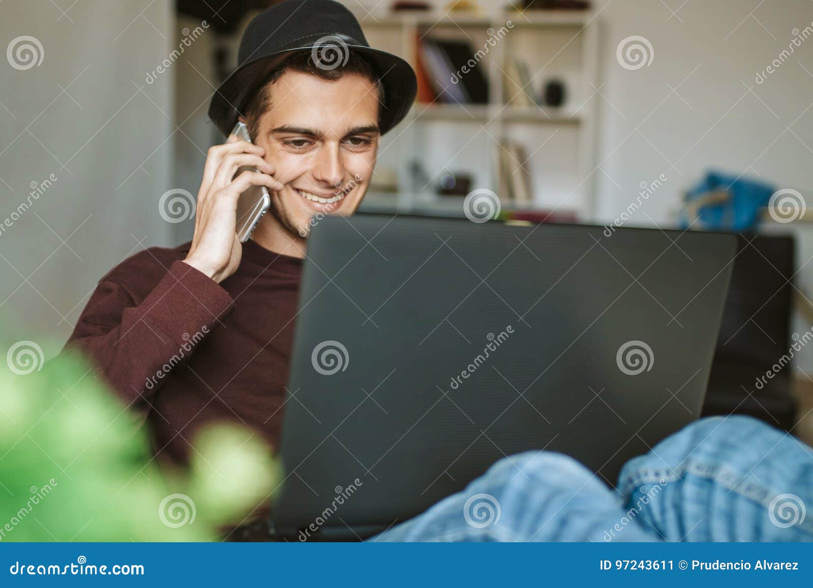 Man with the Mobile Phone and the Laptop Stock Image - Image of ...