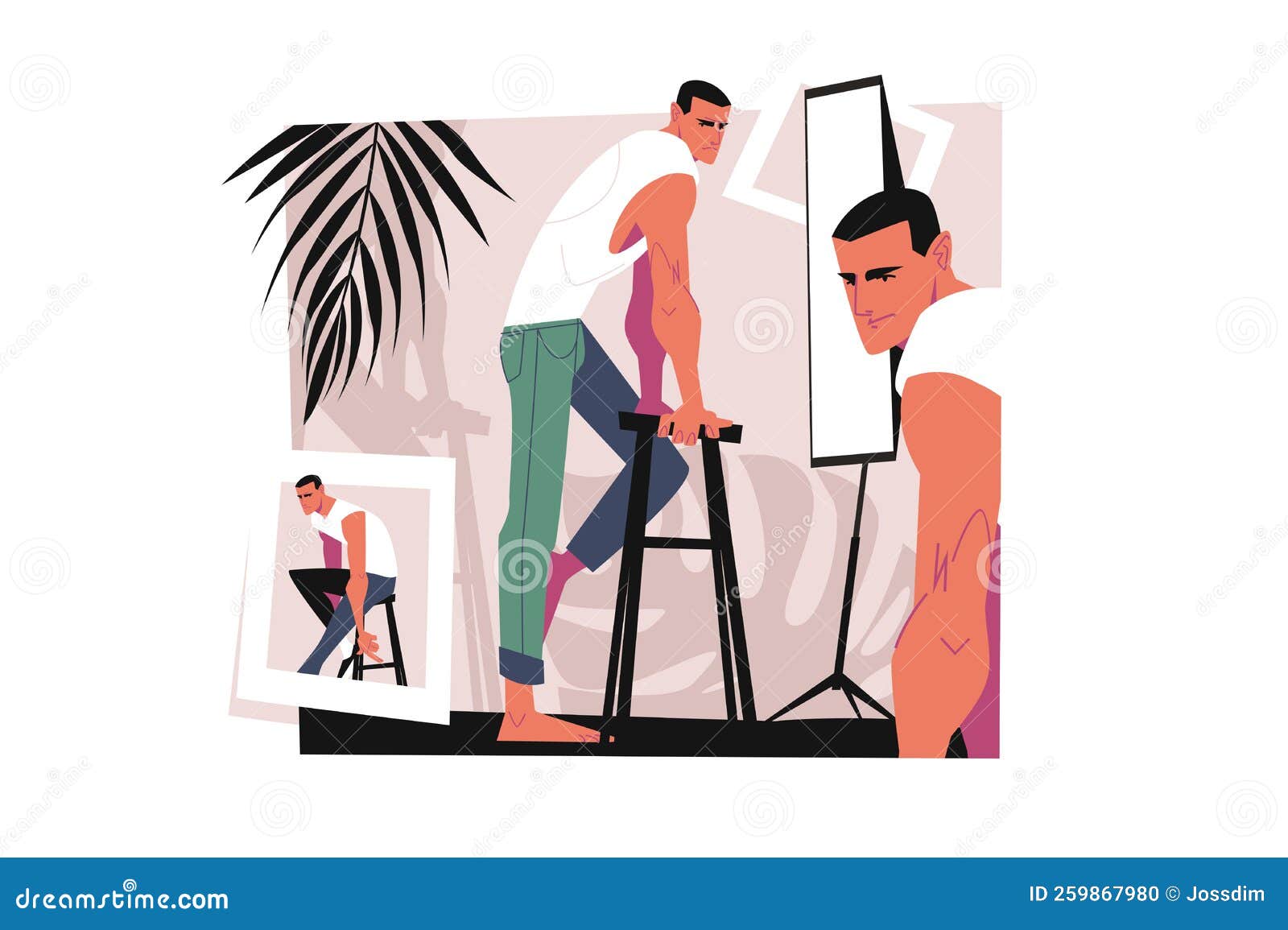Man Model Posing in Studio, Lighting Setup Stock Vector - Illustration ...
