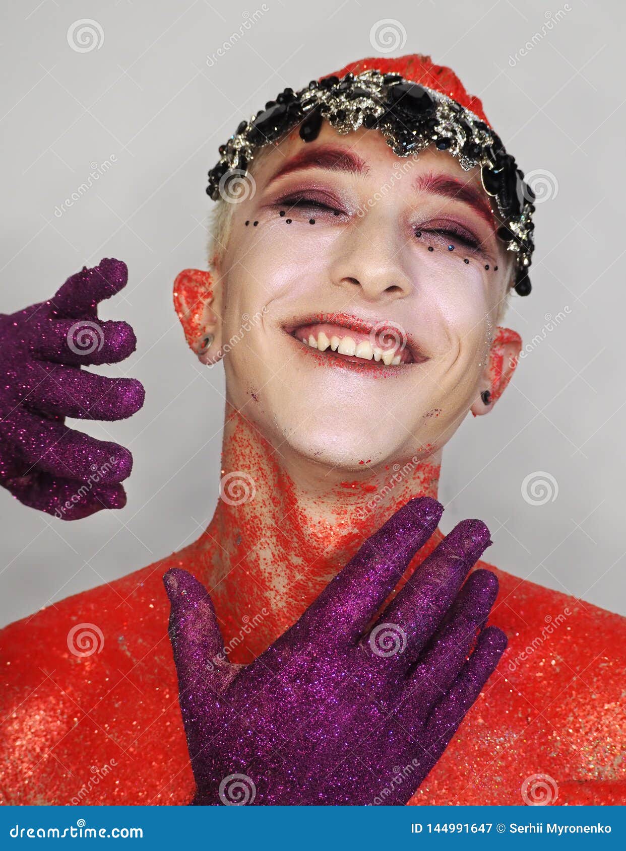 Man Model at Red Art Make-up with Green Laughing Stock Image - Image of ...