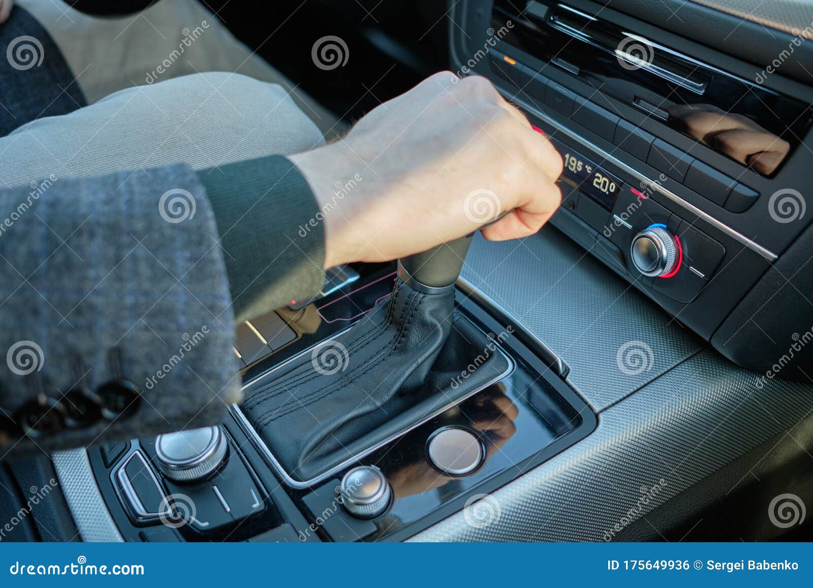 A Man in a Modern Car. Hand Changes Gearbox and Gearshift Stock Photo ...