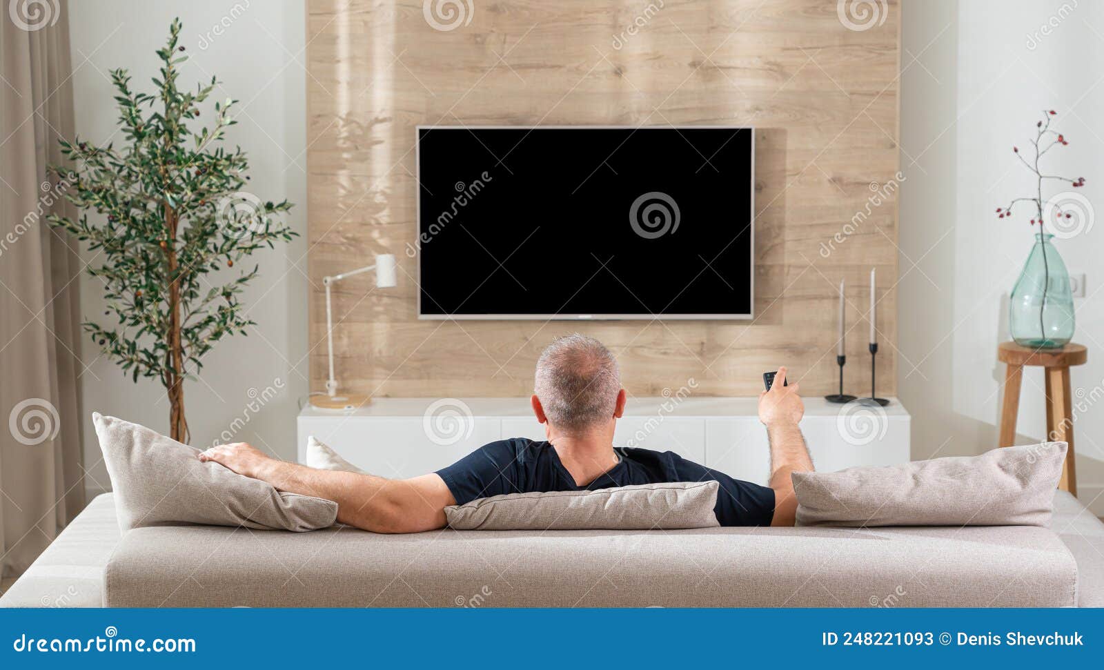 Man in Modern Living Room Watching Tv Back View Stock Image - Image of ...
