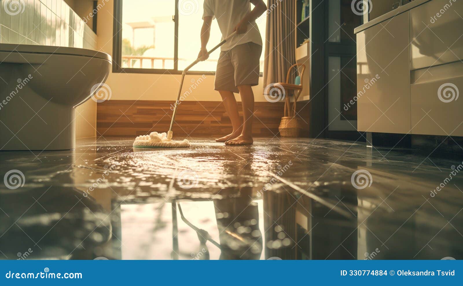 Man Mopping the Floor in His Bathroom Stock Photo - Image of middleaged ...