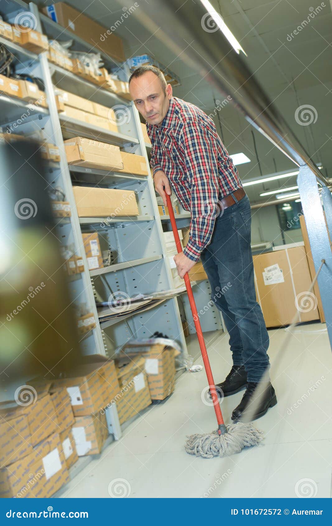 Man Mopping Floor Warehouse Stock Photo - Image of housework, water ...