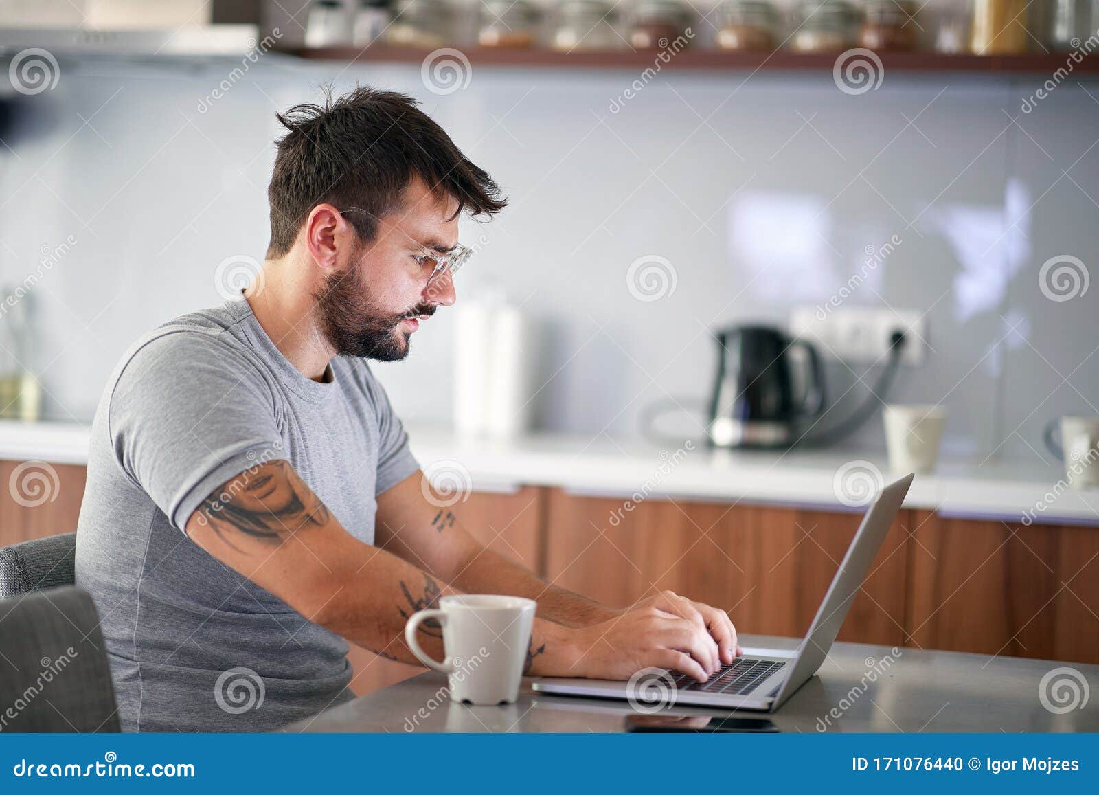 Man in the Morning Checking Email on a Laptop Stock Photo - Image of ...
