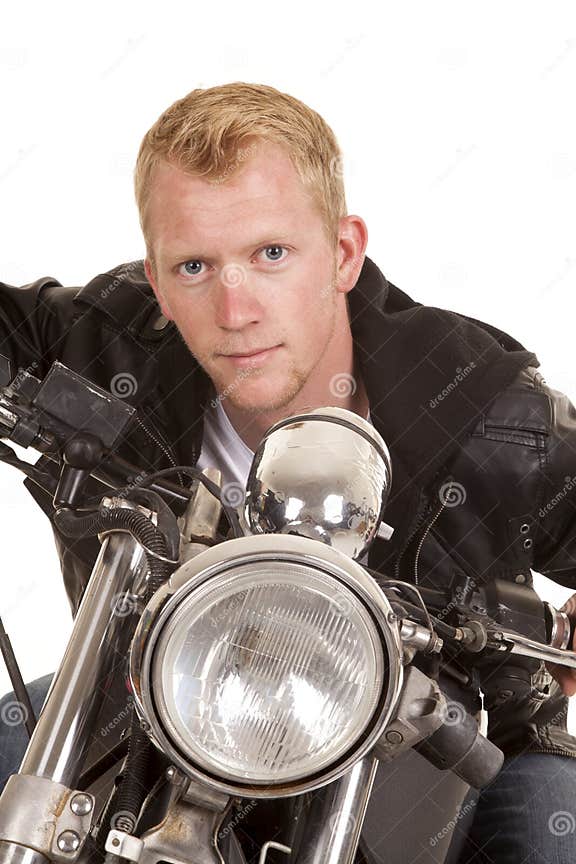 Man on Motorcycle Black Jacket Lean Forward Facing Close Stock Photo ...