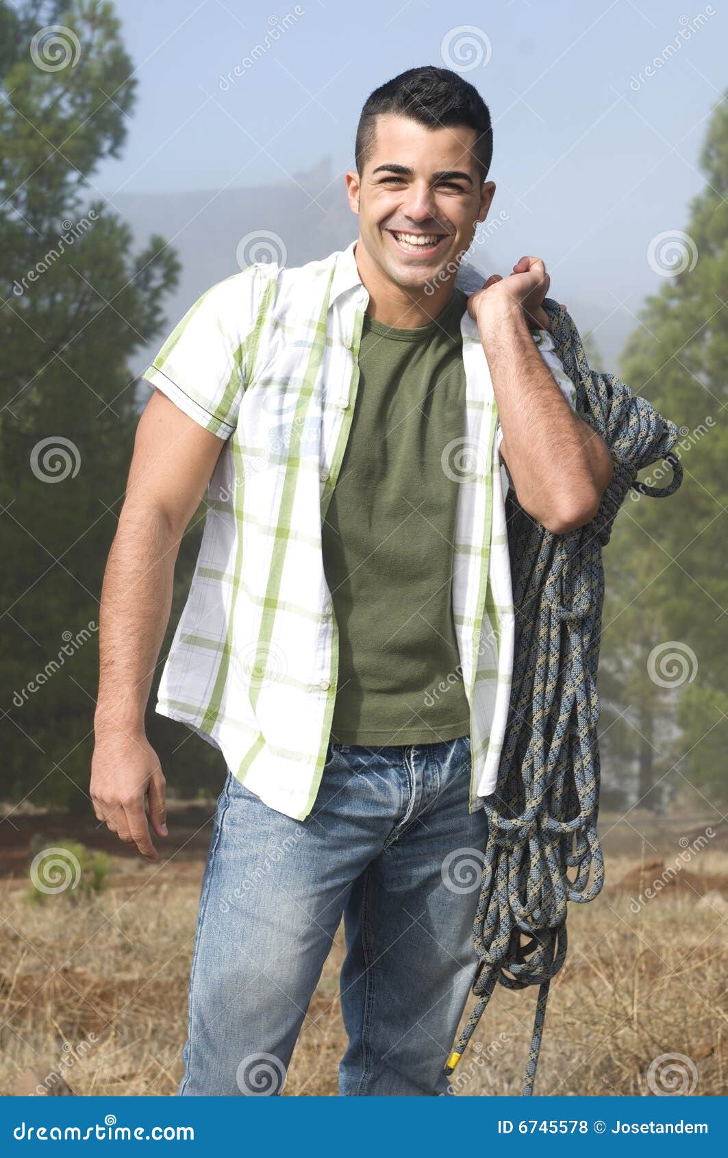 Man at the Mountain with Climb Equipment Stock Photo - Image of field ...