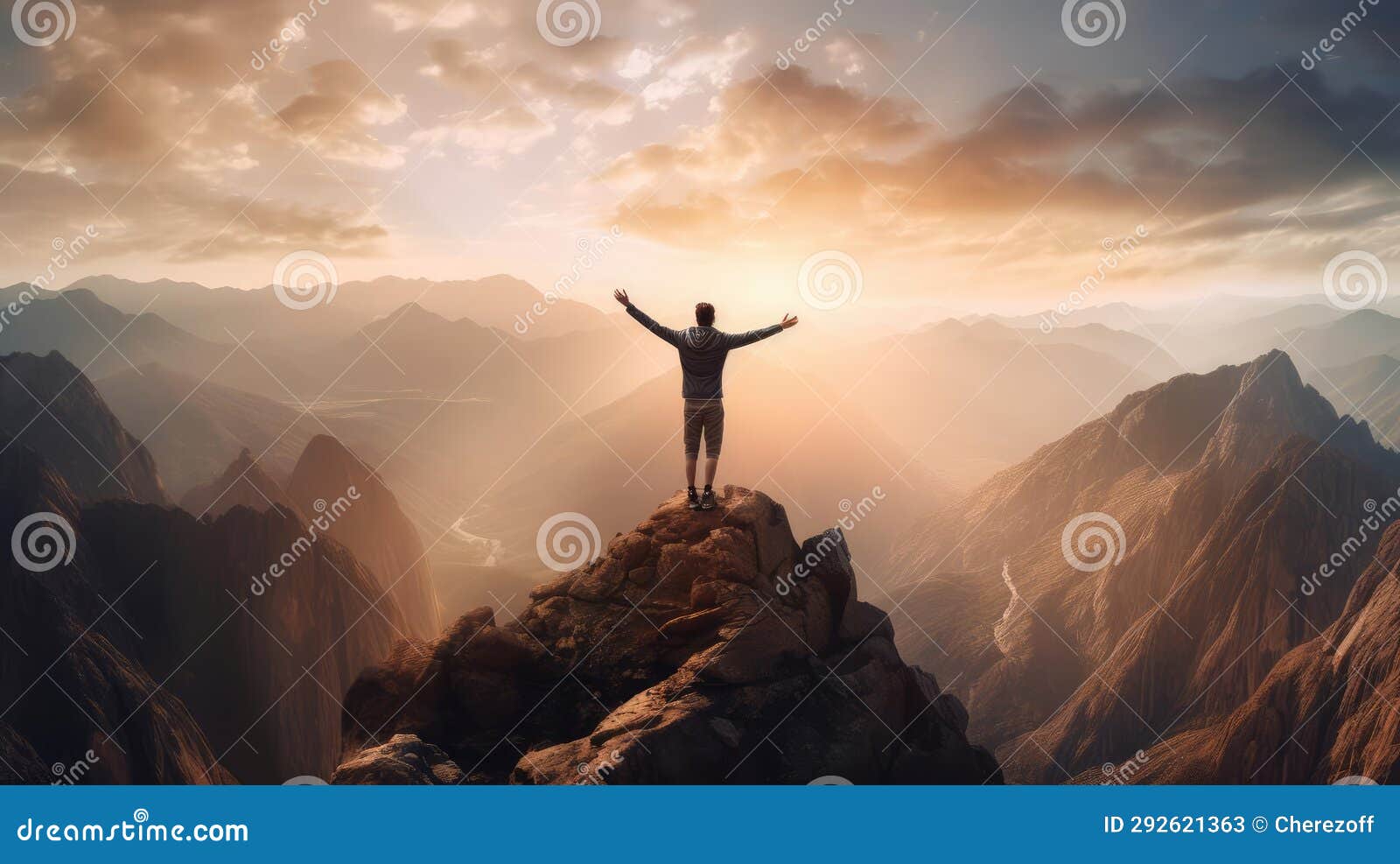 Man on the Mountain Standing with His Hands Up Stock Image - Image of ...
