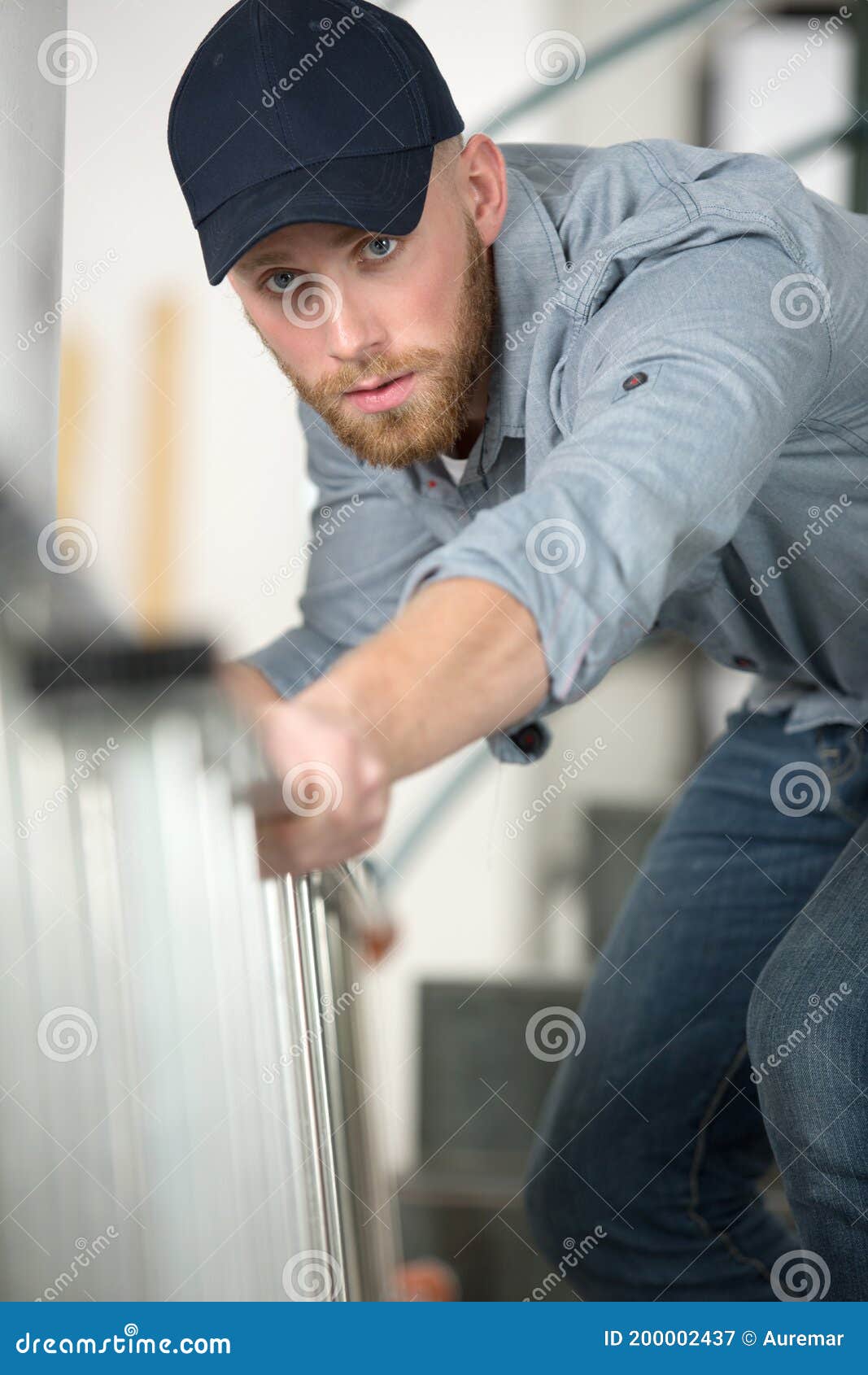 Man Moving Carefully Ladder Stock Image - Image of relocating ...