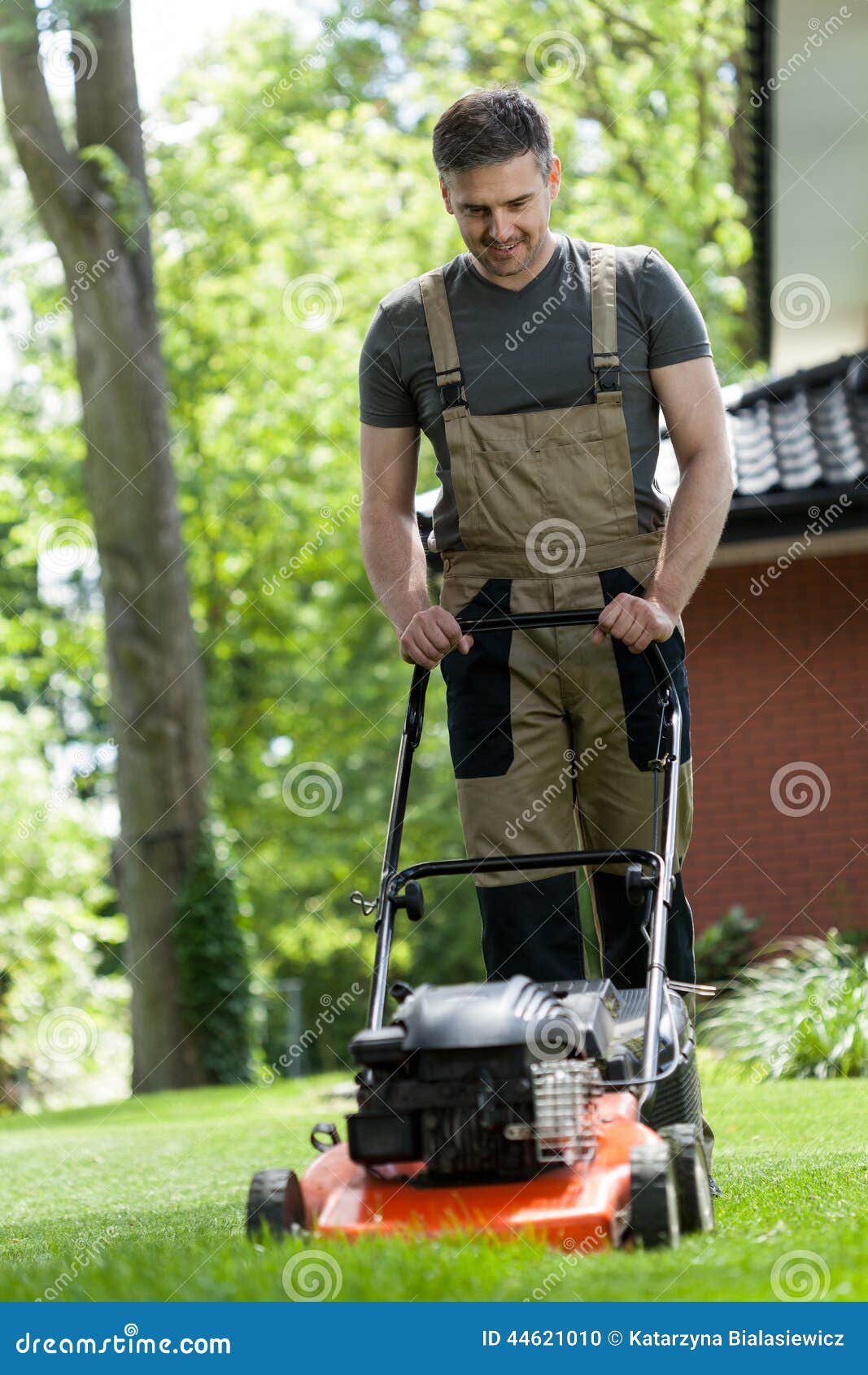 Man mowing the grass stock photo. Image of machine, gardener - 44621010
