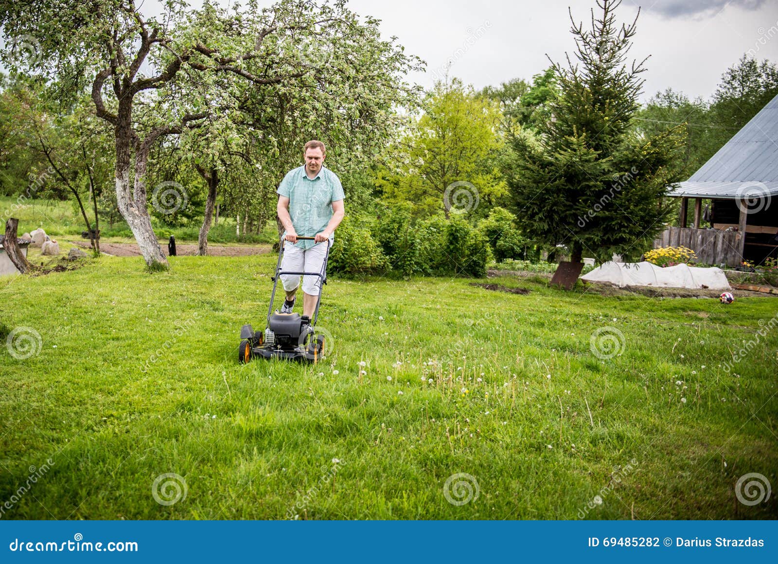 Man mowing lawn stock photo. Image of mowing, countryside - 69485282